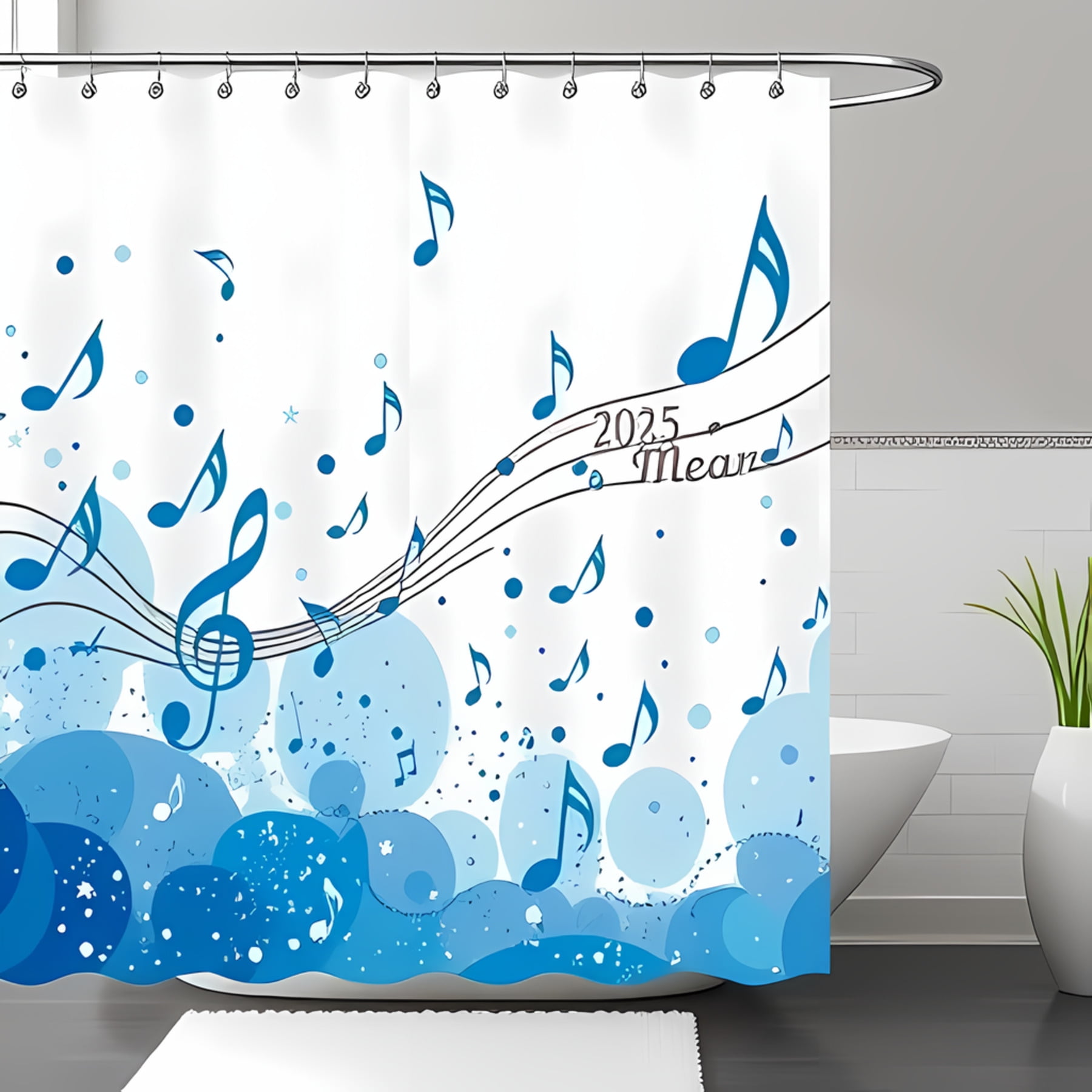 Whimsical Musical Notes Shower Curtain in Blue with Translucent Circles ...