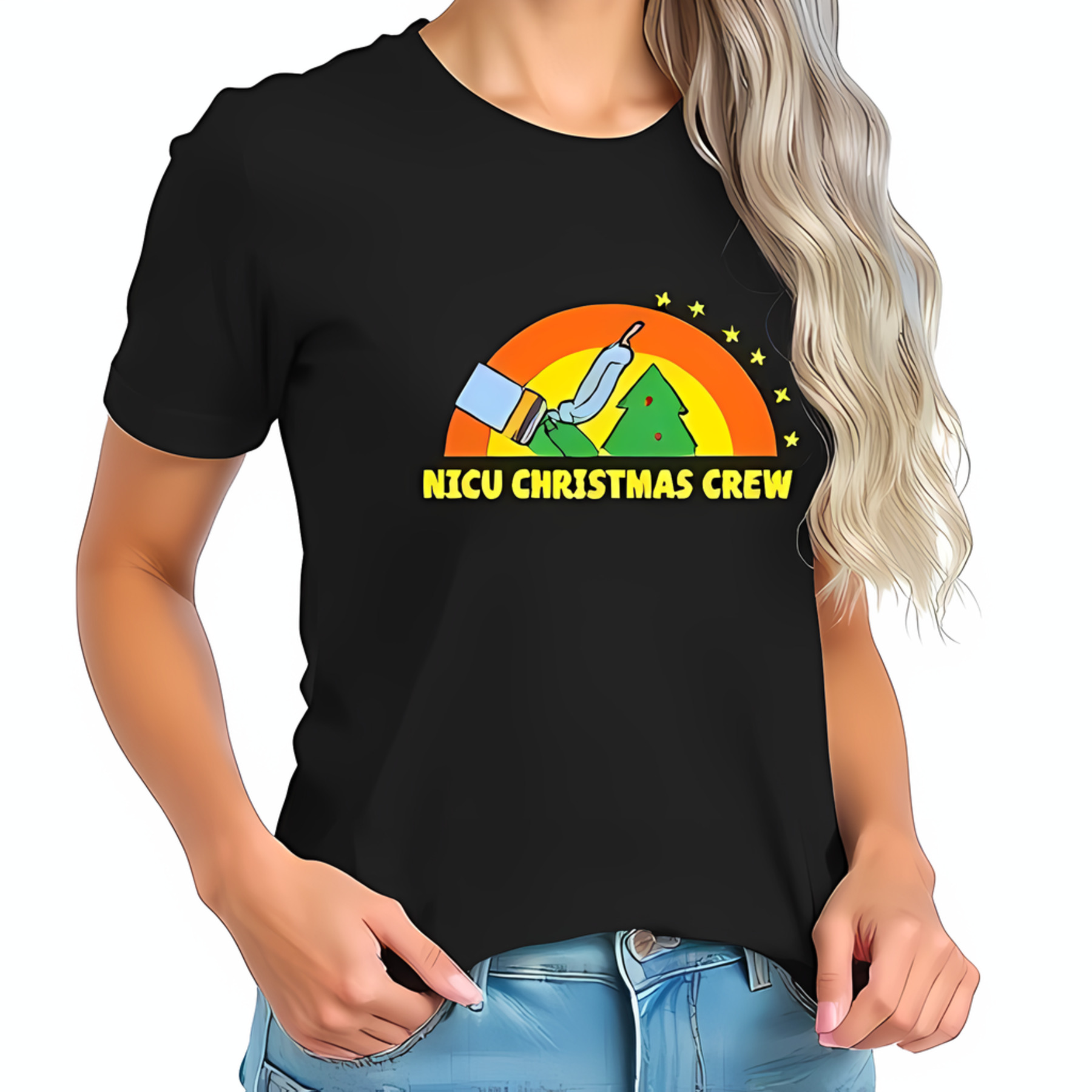Whimsical NICU Christmas Crew T-Shirt - Black Cotton Tee with Hand in ...