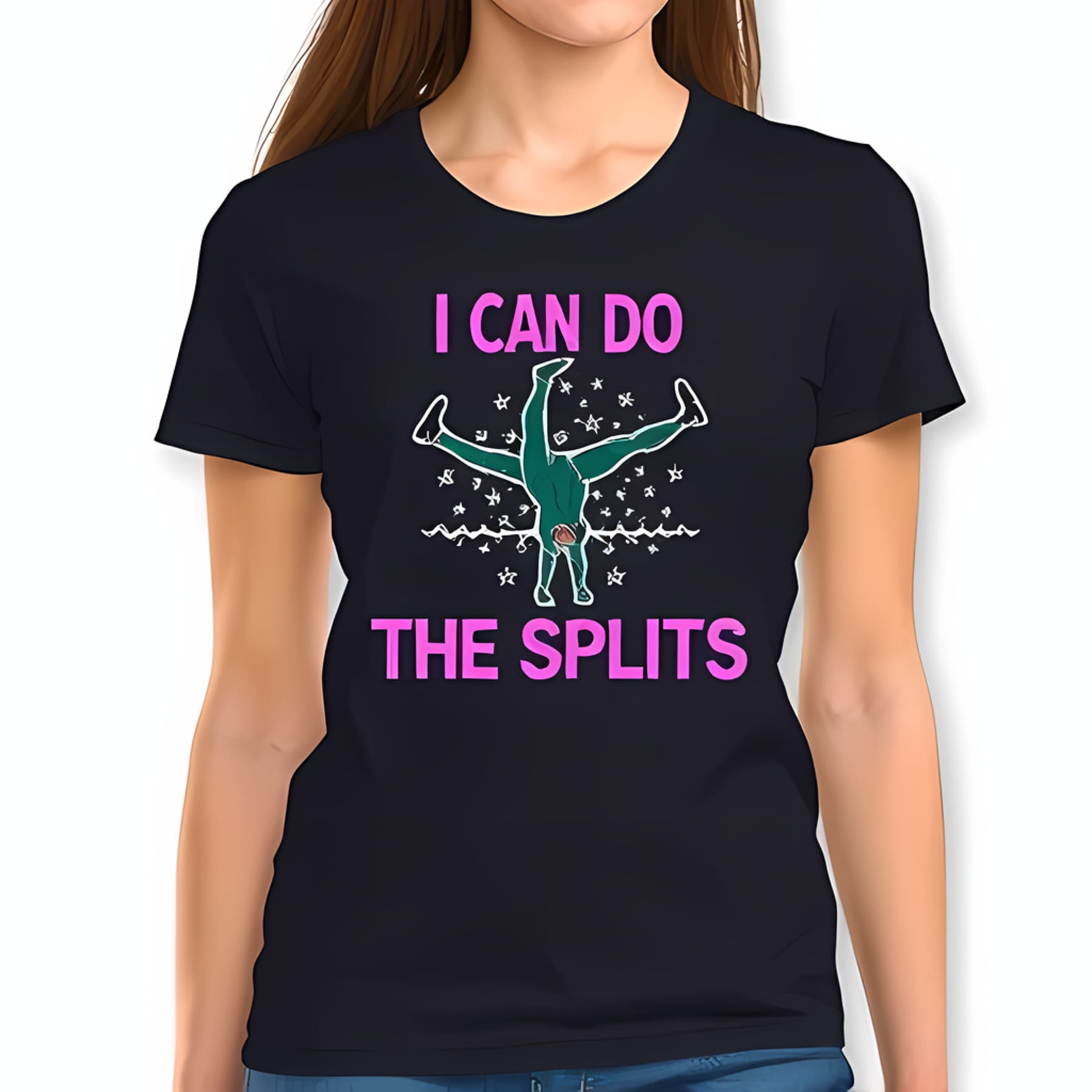 Whimsical Navy Blue Cotton T-Shirt with Cartoon Handstand Split Graphic ...