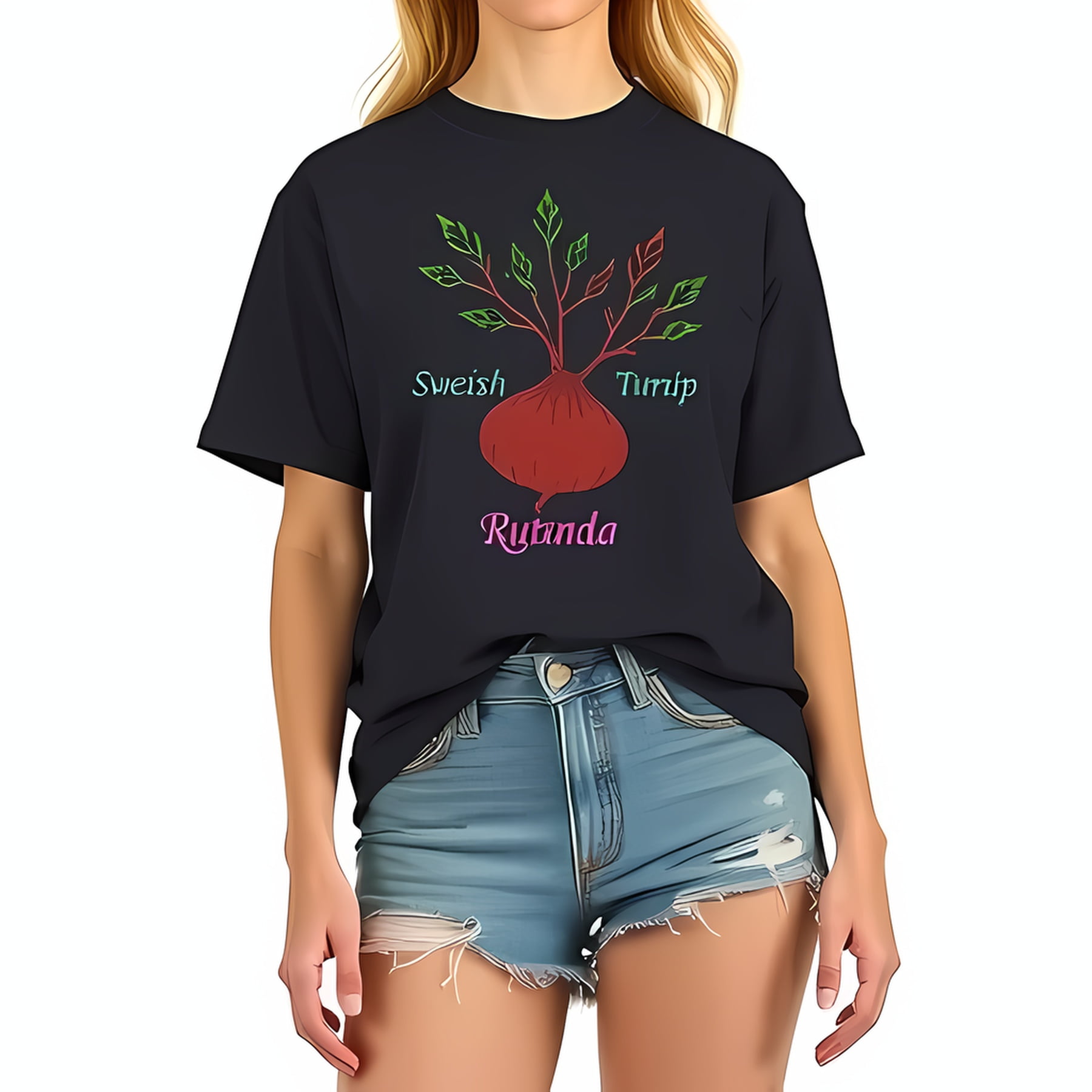 Whimsical Navy Blue T-Shirt with Rutanda Turnip Graphic - Casual Summer ...