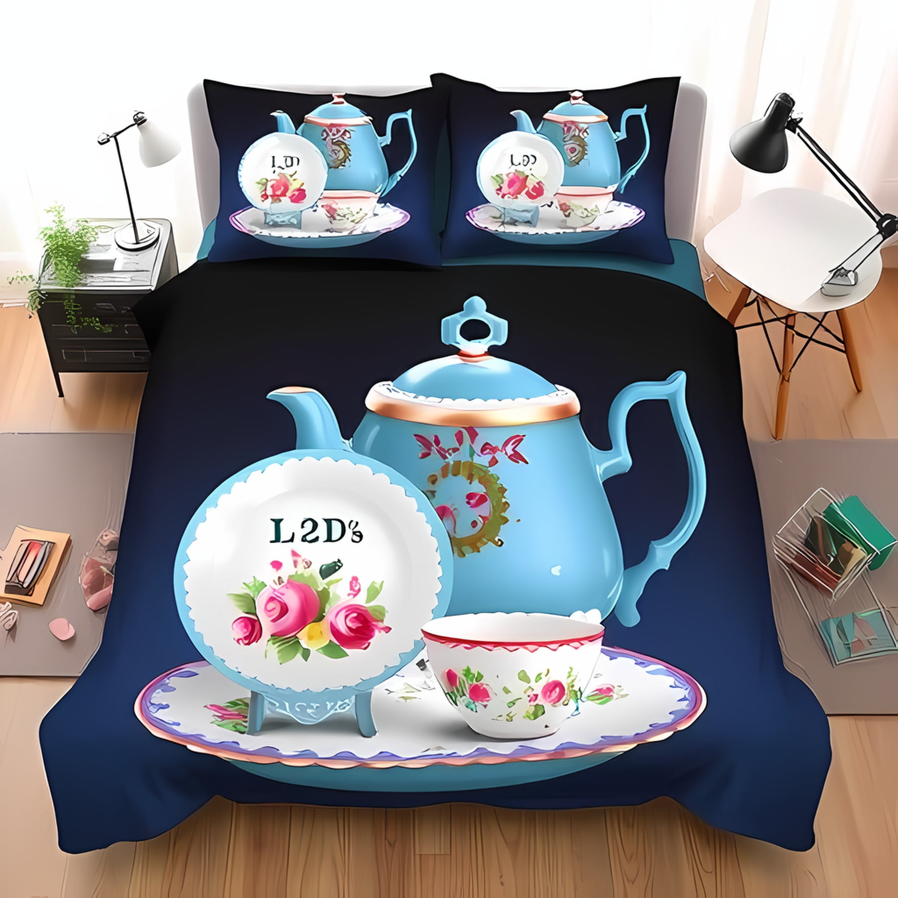 Whimsical Navy Blue Tea Party 3-Piece Duvet Cover & Pillowcase Set ...