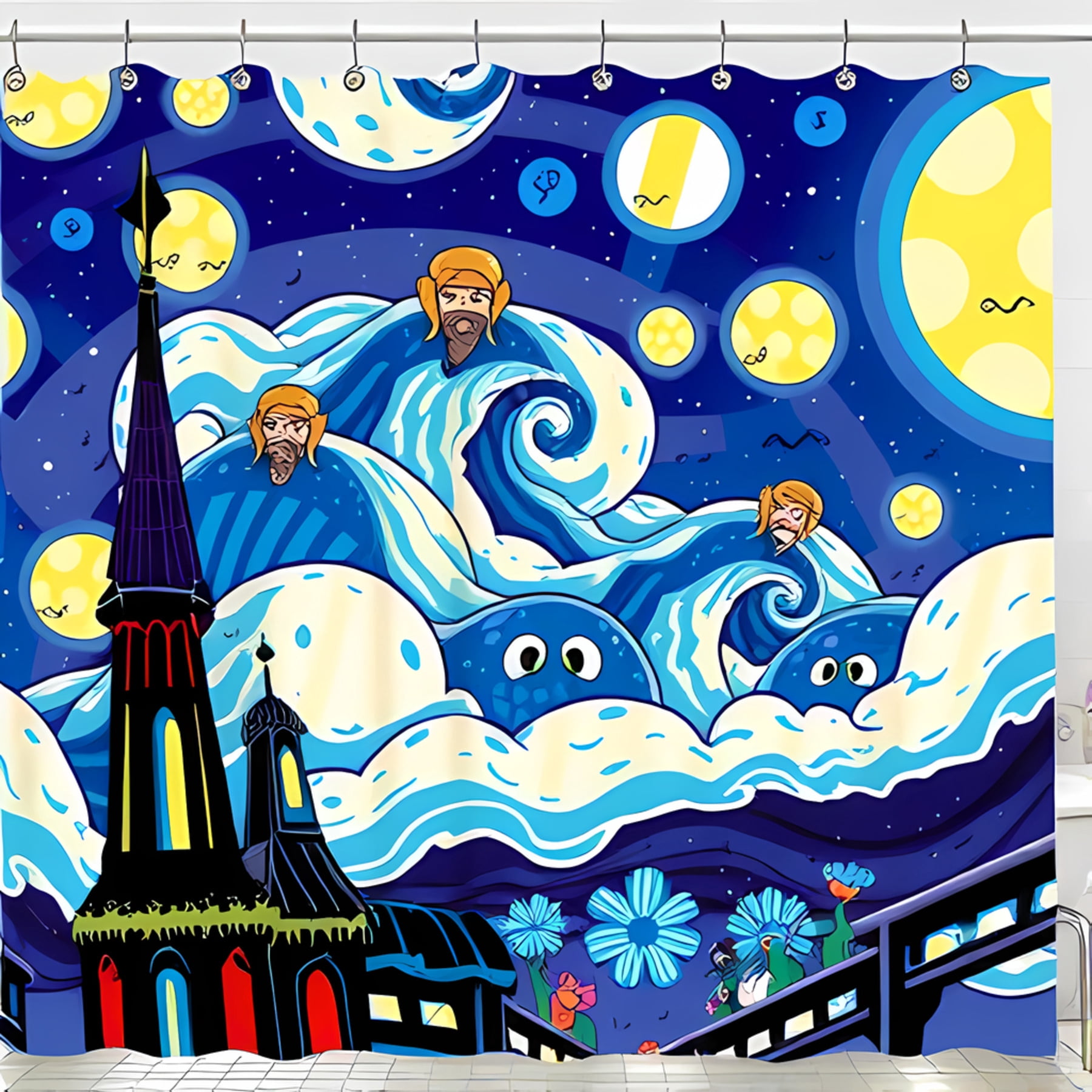 Whimsical Night Sky Shower Curtain - Gothic with Colorful Flowers ...