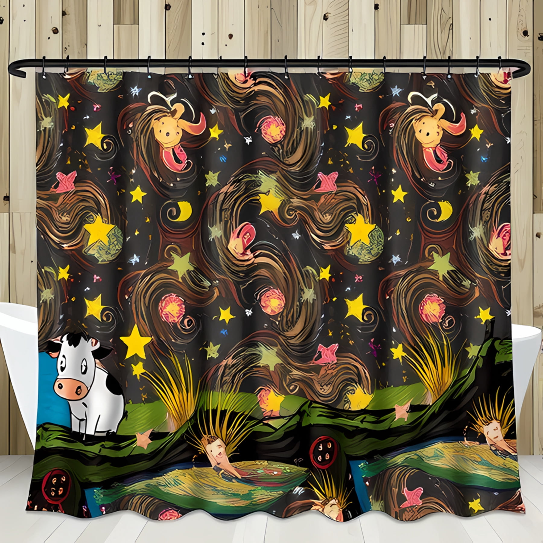 Whimsical Night Sky Shower Curtain - Stars Swirling Patterns & Playful ...