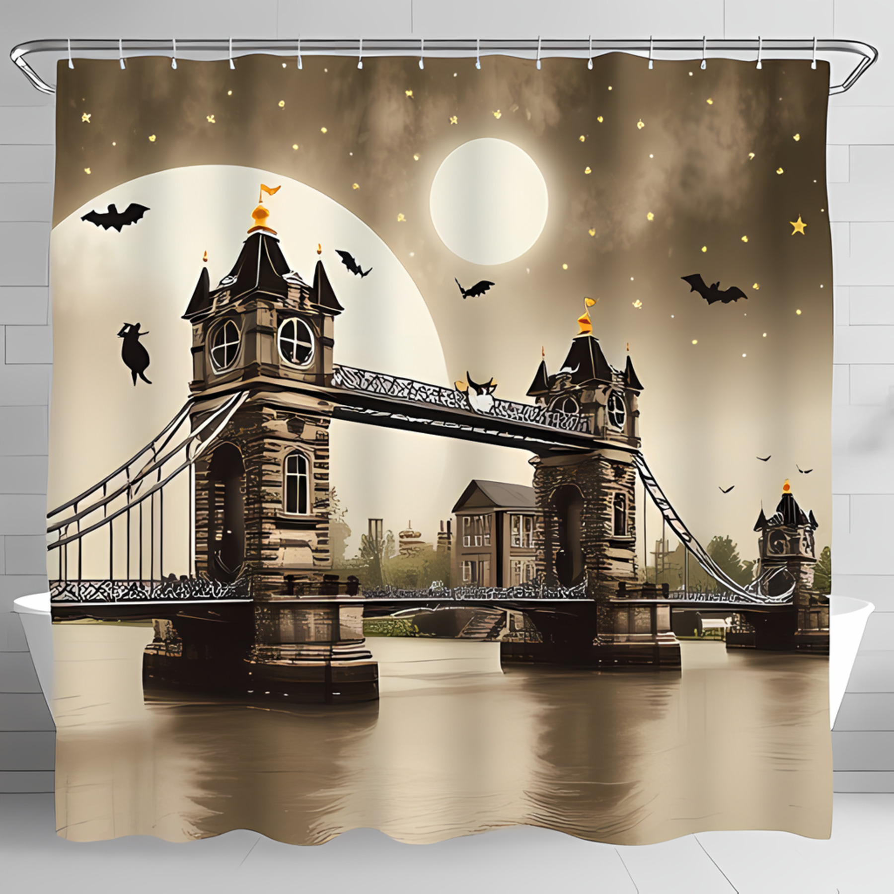 Whimsical Nighttime Bridge Shower Curtain - Tower Bridge Design with ...