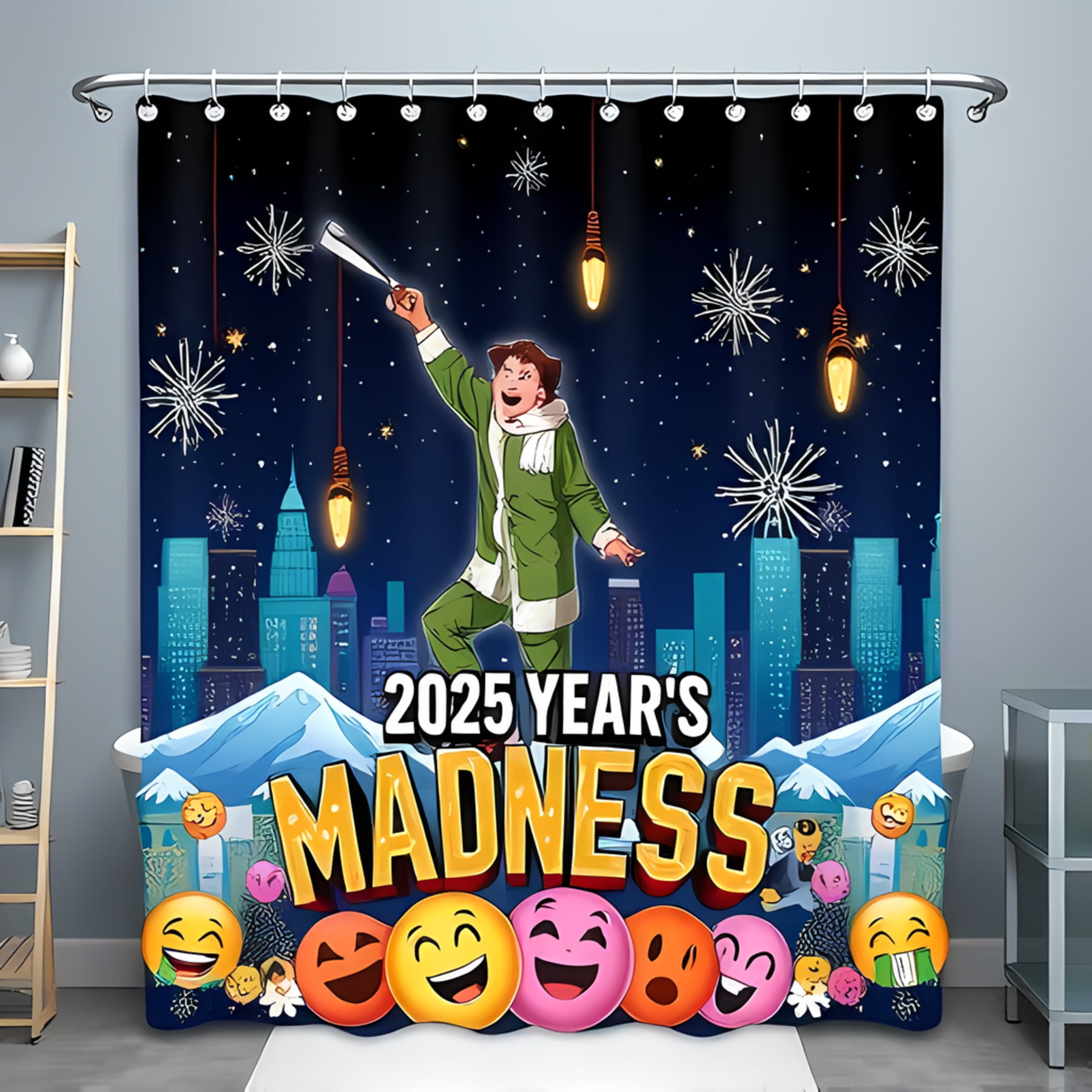 Whimsical Nighttime Cityscape Shower Curtain 2025 Year's Madness Design ...