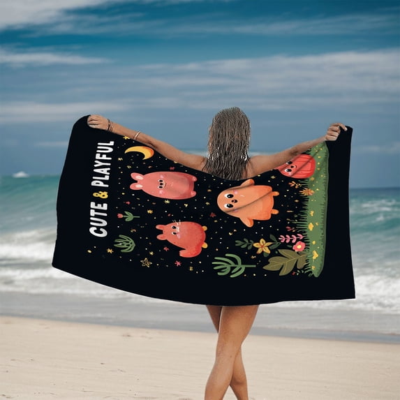 Whimsical Nighttime Creatures Bath Towel - Cute Cartoon Animals Dark ...