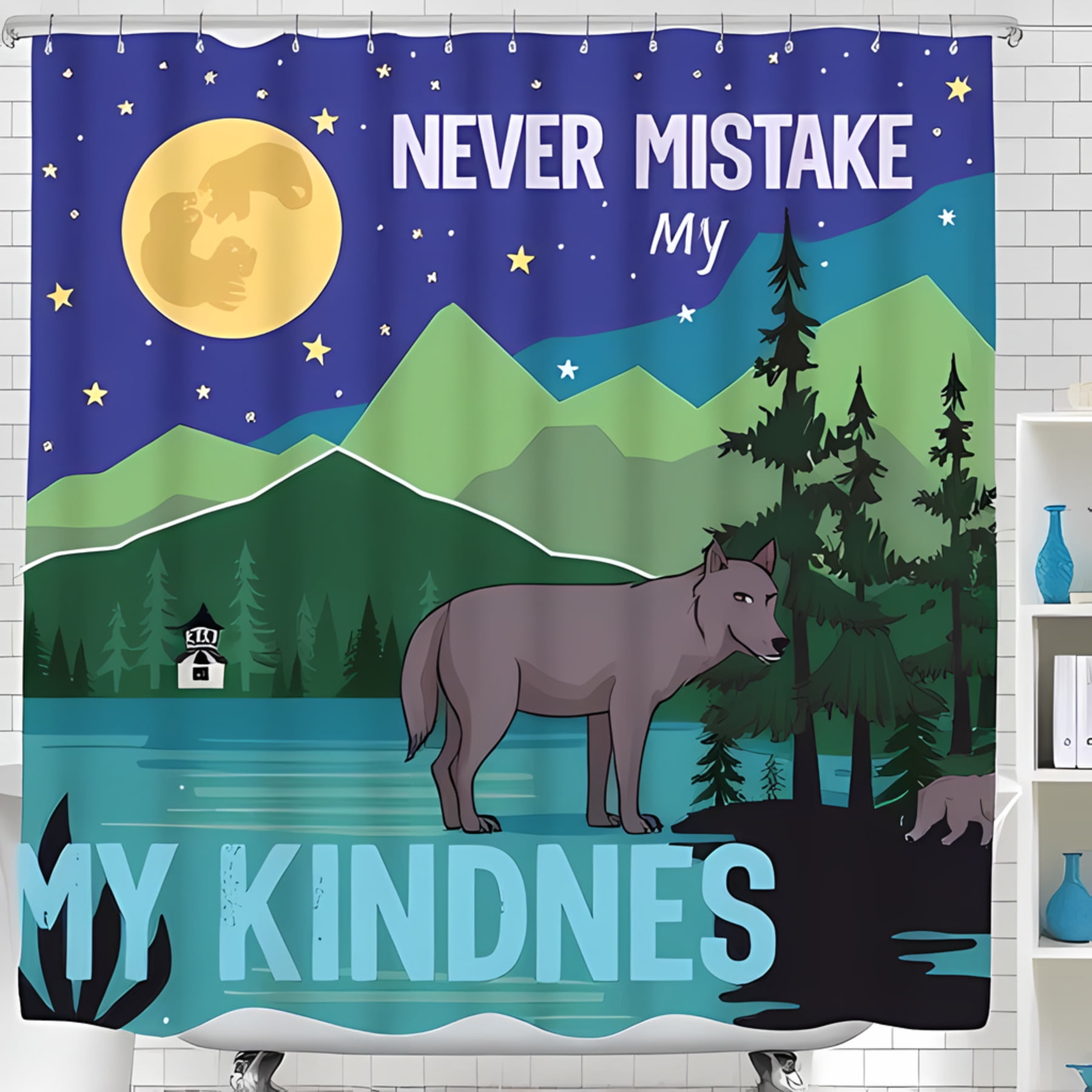 Whimsical Nighttime Landscape Shower Curtain with Grey Wolf Moonlit ...