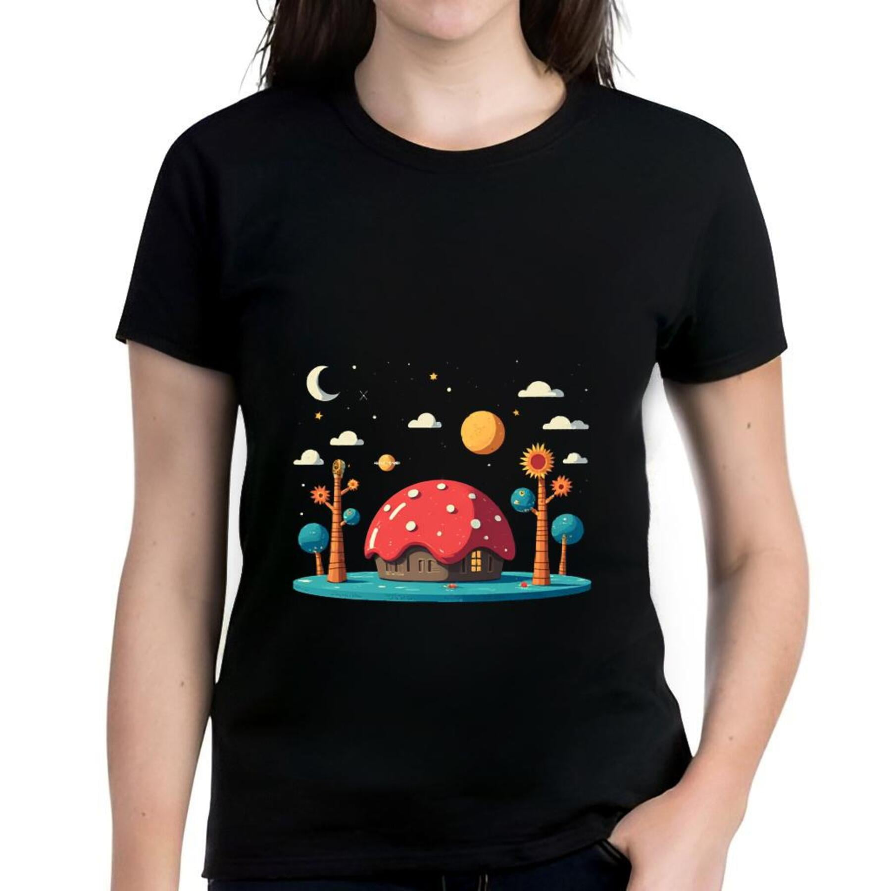 Whimsical Nighttime Scene Cotton Short Sleeve T-Shirt for Women - Cozy ...