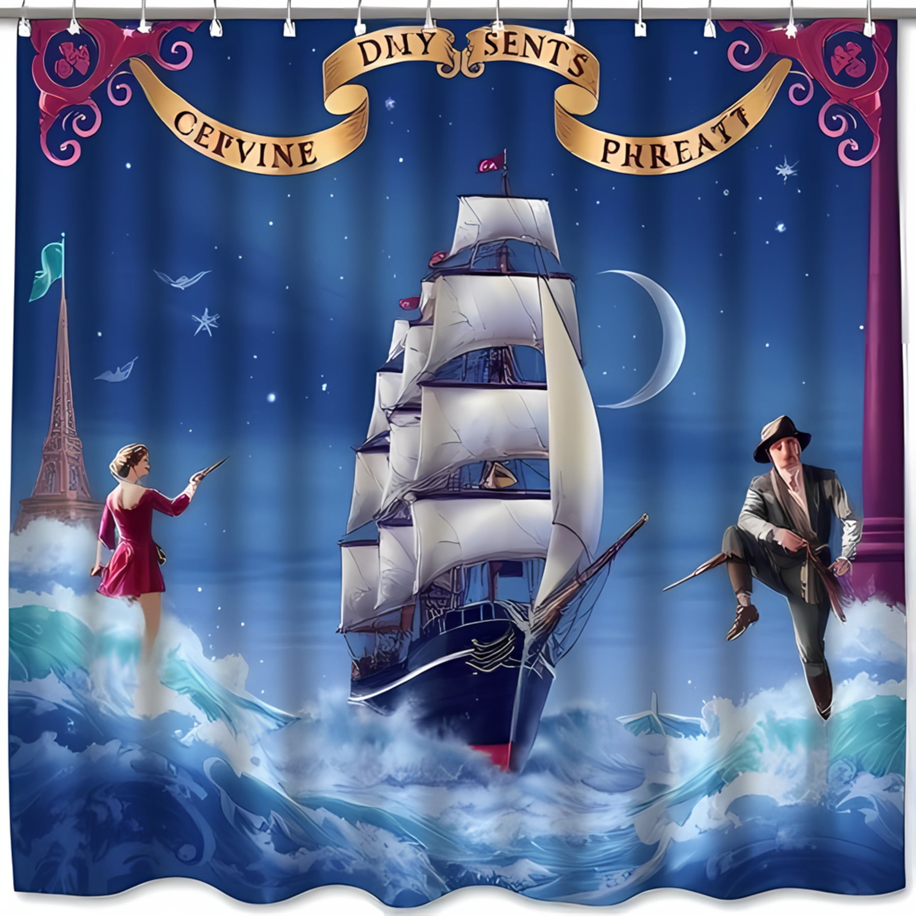 Whimsical Nighttime Seascape Shower Curtain with Sailing Ship and ...