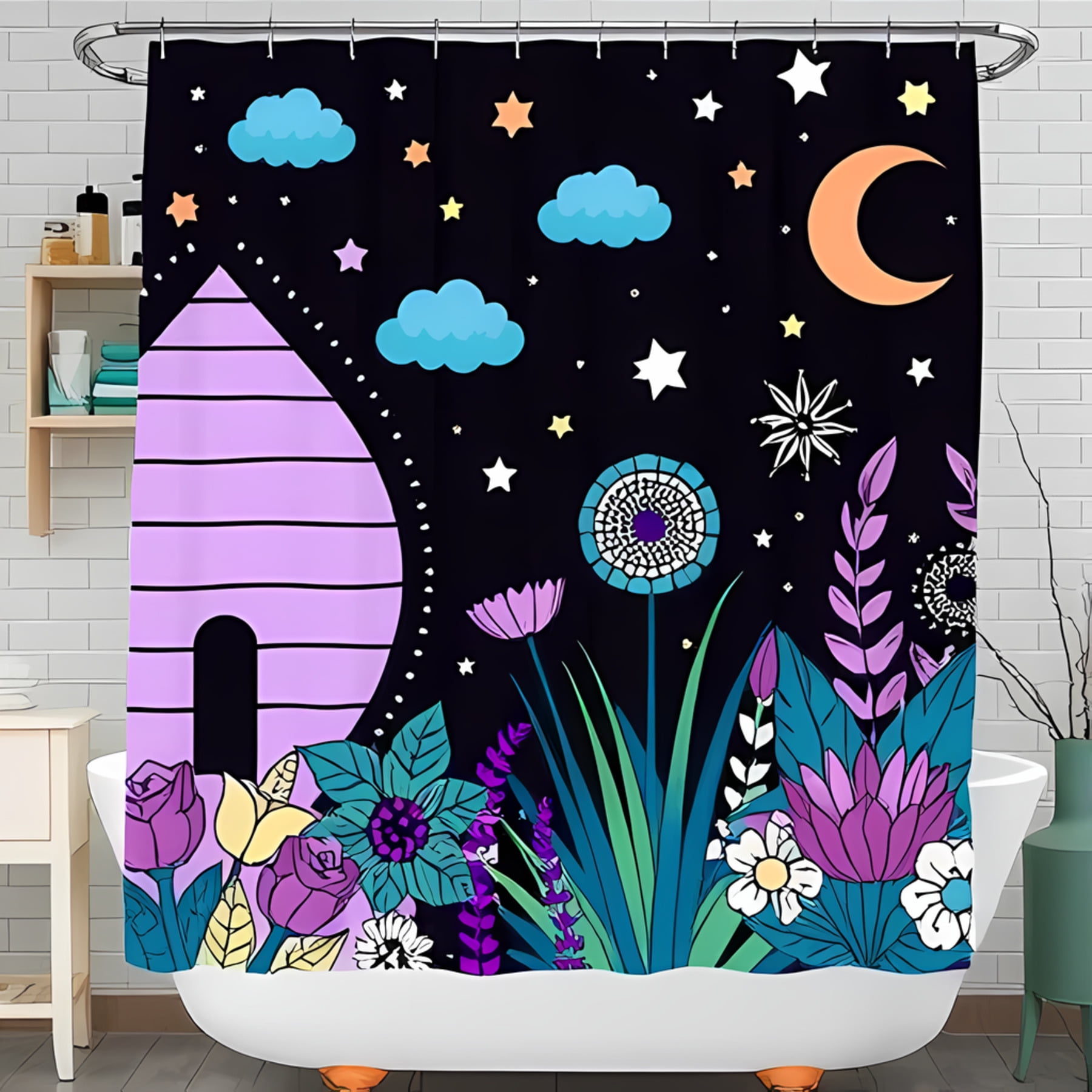 Whimsical Nighttime Shower Curtain - Lavender House Colorful Flora ...