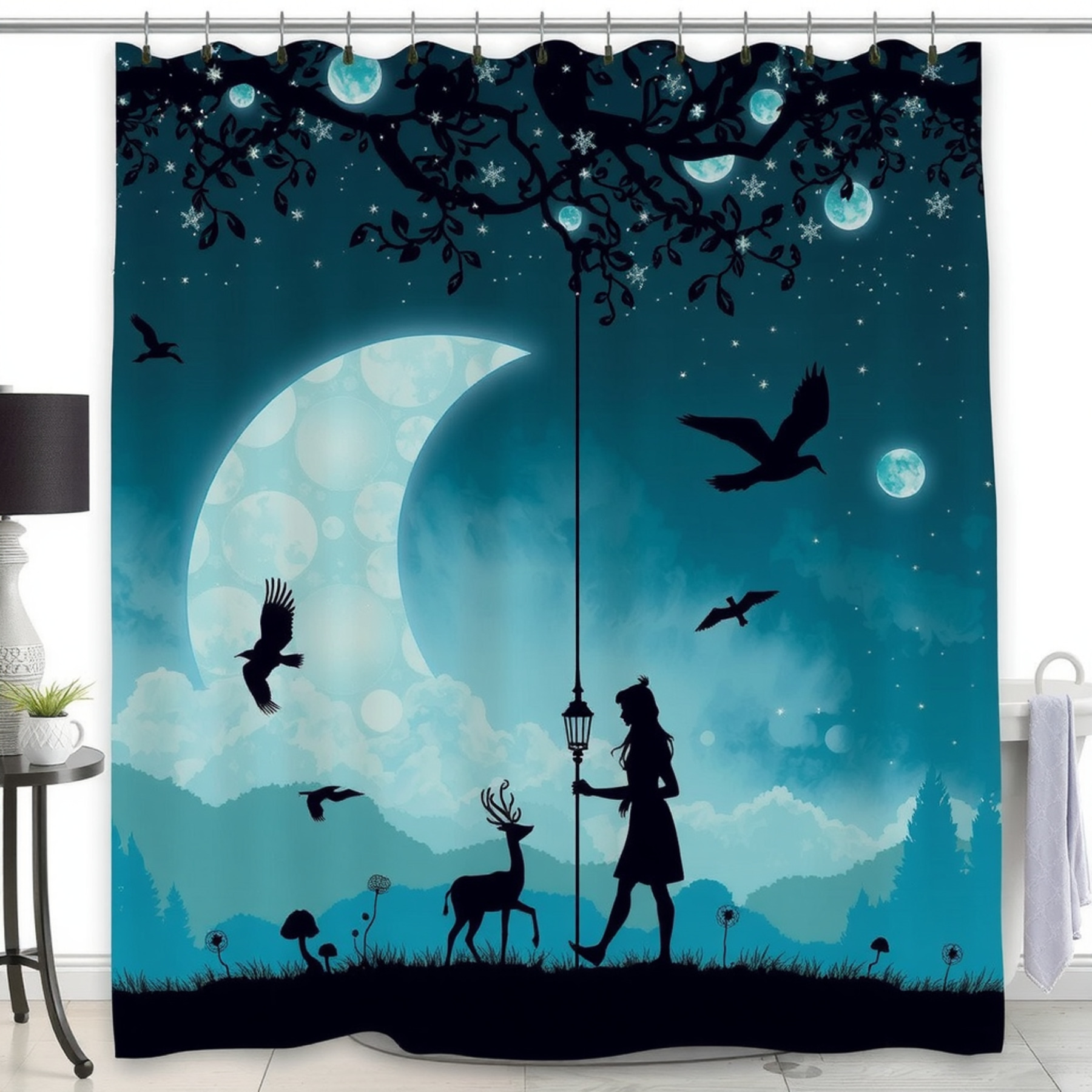 Whimsical Nighttime Shower Curtain - Scene with Silhouettes, Moons ...