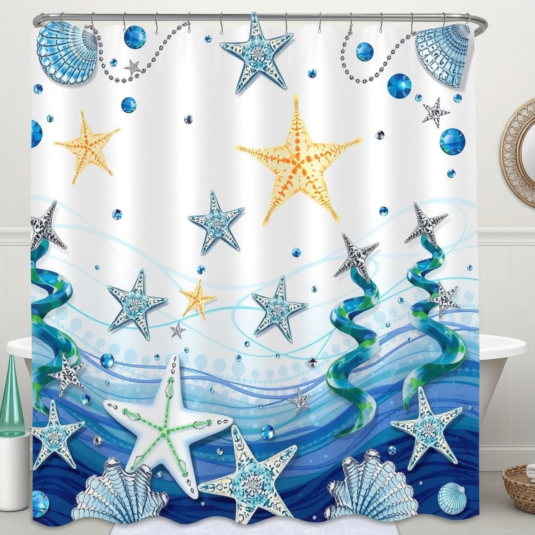 Whimsical Ocean Theme Shower Curtain with Starfish, Seashells - Walmart.com