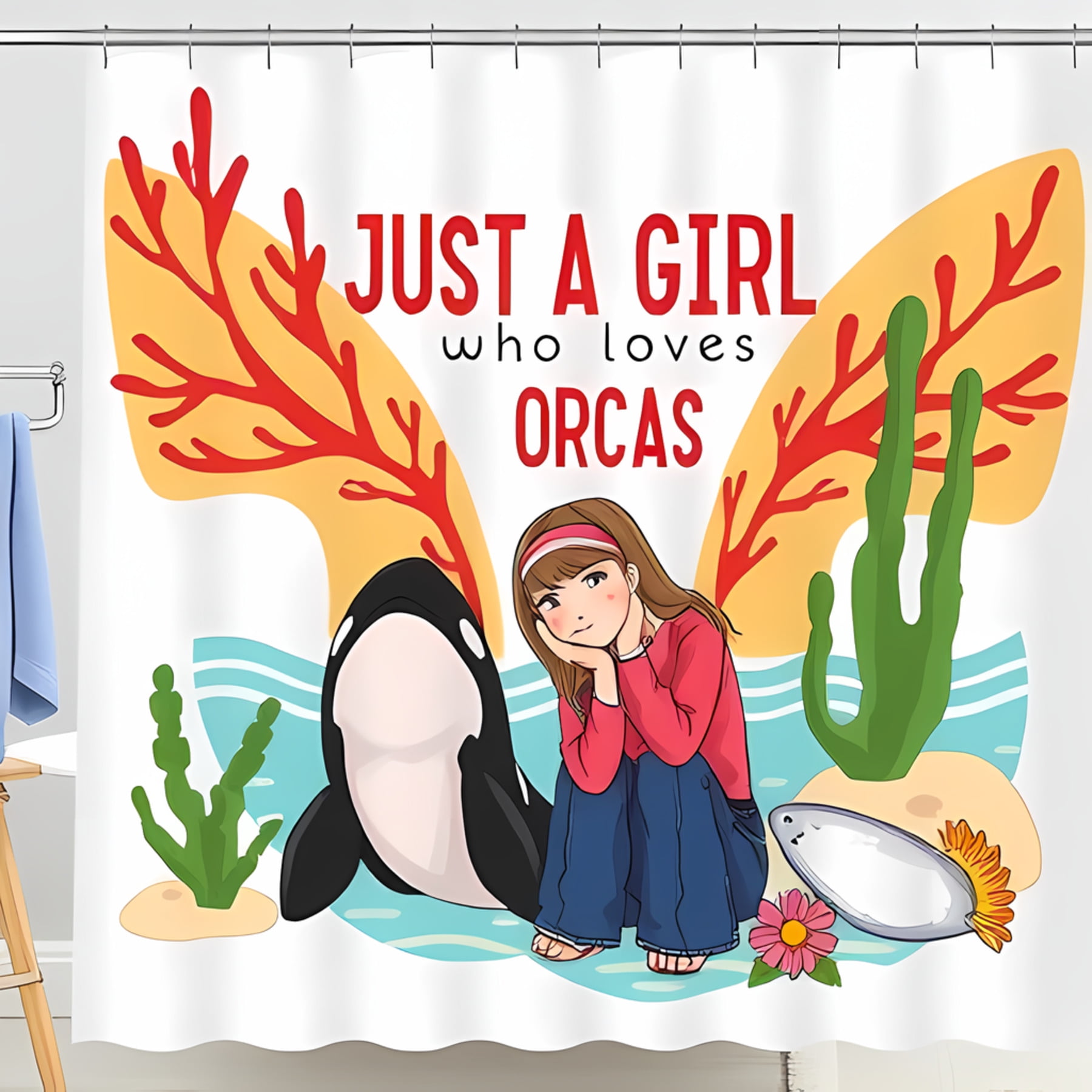 Whimsical Ocean Themed Shower Curtain with Cartoon Girl Orca Whale ...