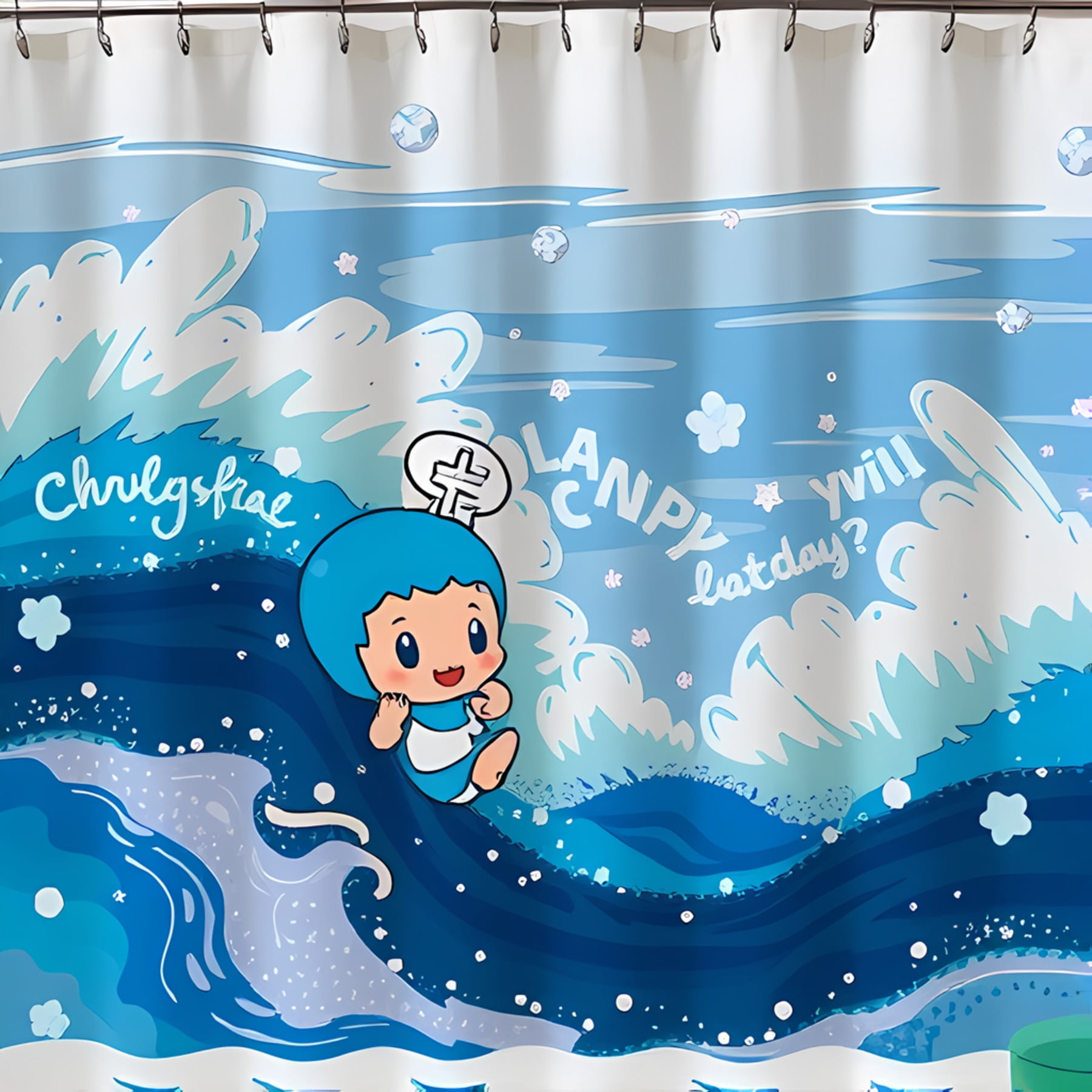 Whimsical Ocean Wave Shower Curtain with Playful Cartoon Character Blue ...