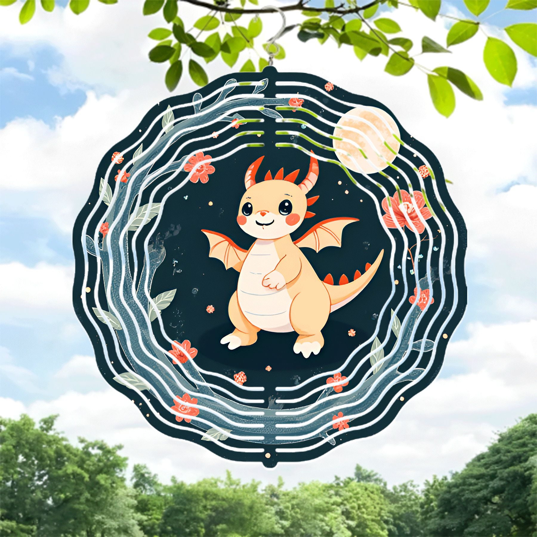 Whimsical Orange Dragon Metal Wind Spinner with Floral and Wavy ...