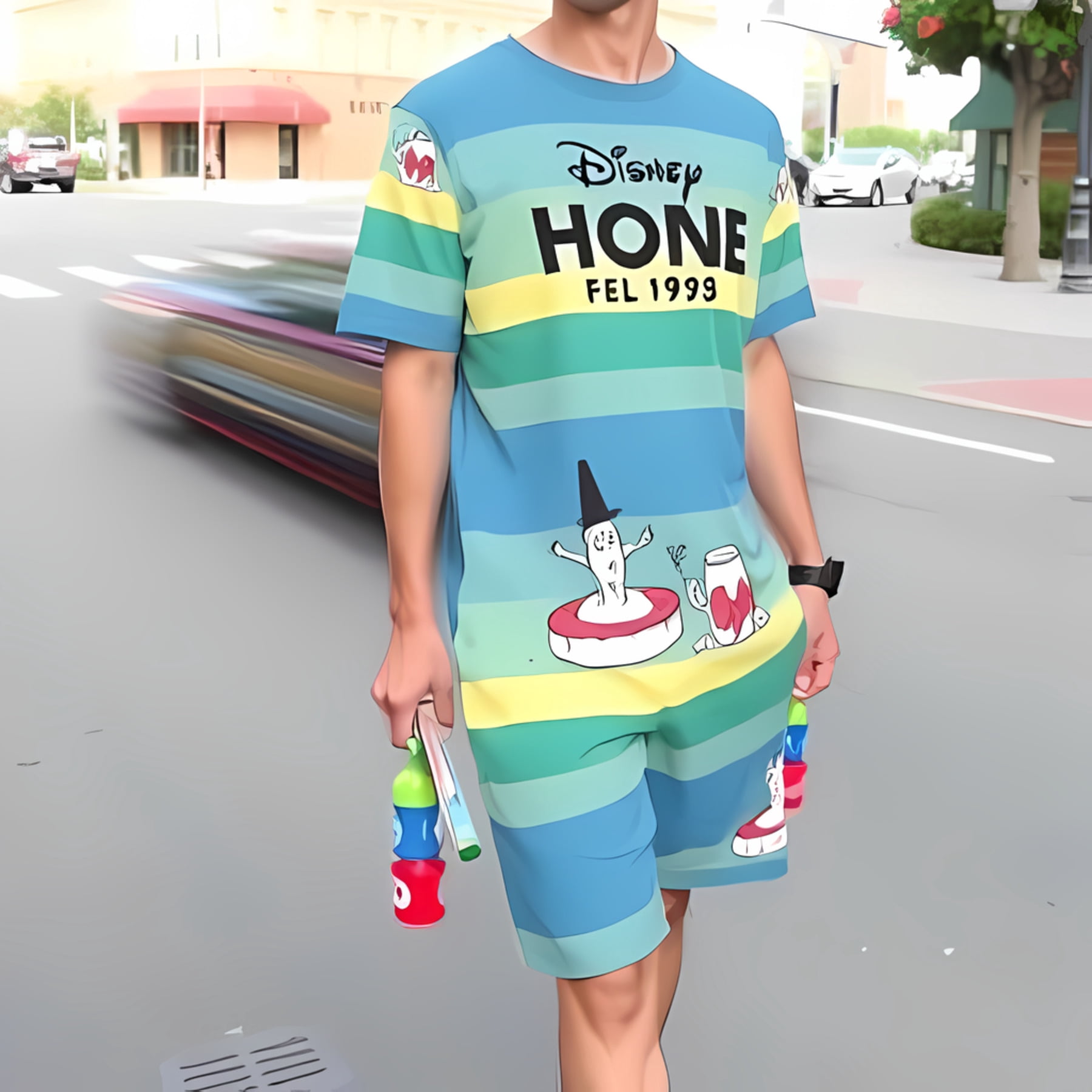 Whimsical Oversized T-Shirt & Shorts Set - Colorful Cartoon Characters ...