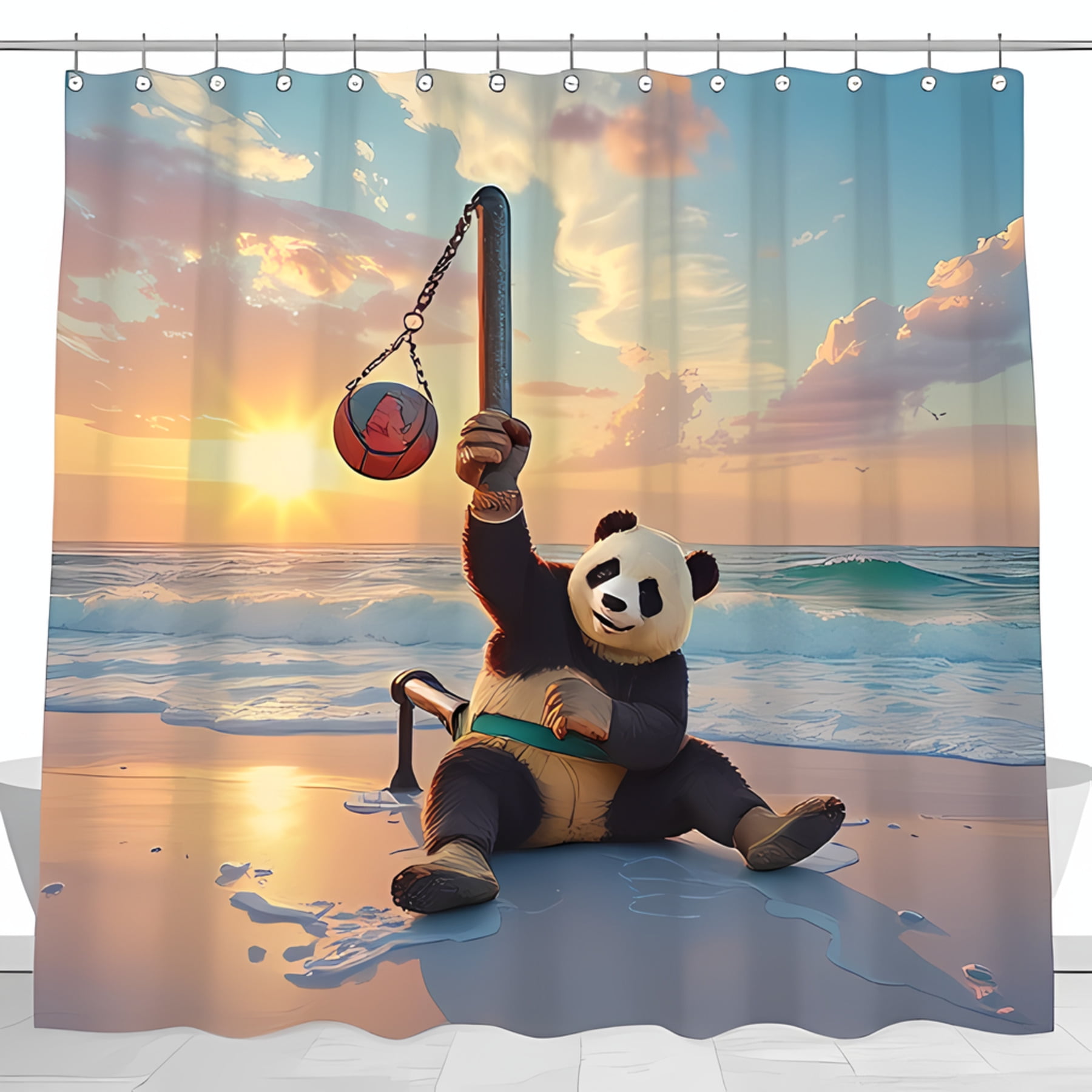 Whimsical Panda Beach Sunset Shower Curtain - Vibrant Ocean Waves ...