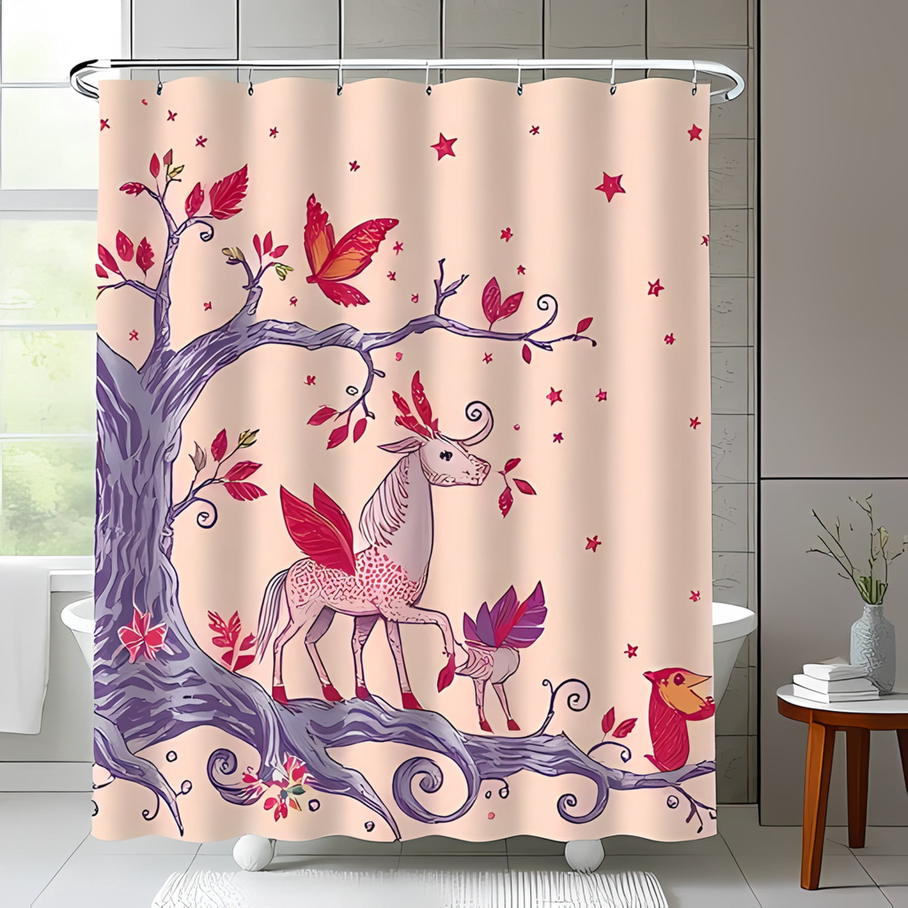 Whimsical Pastel Peach Shower Curtain with Purple Tree Winged & Stars ...