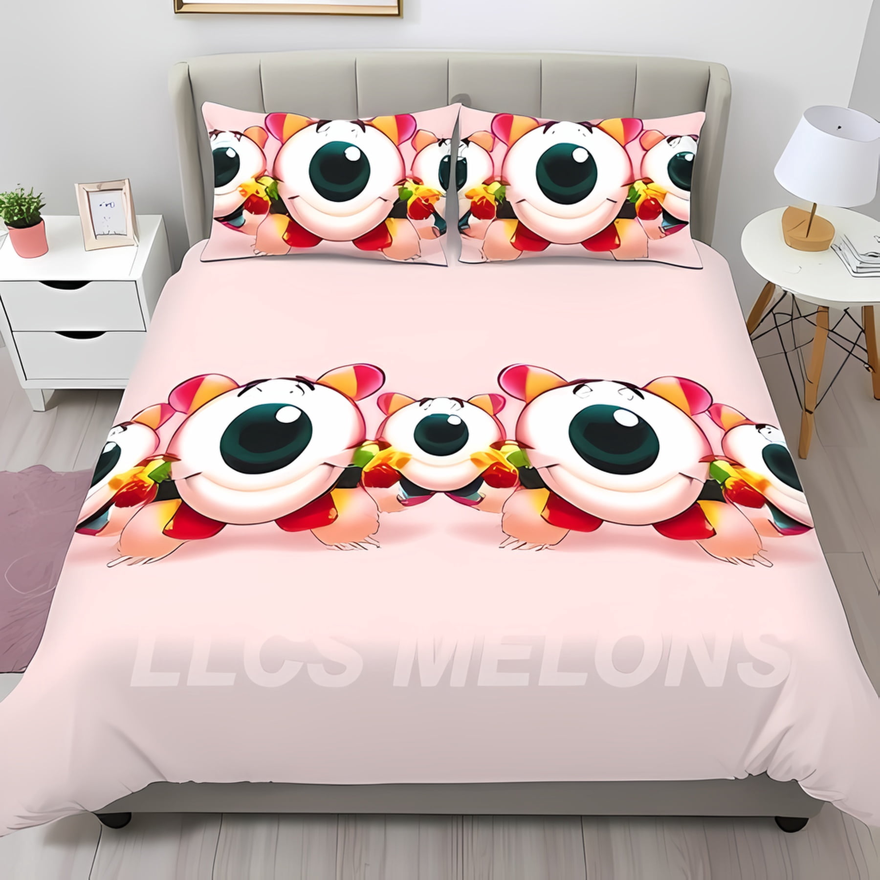 Whimsical Pastel Pink 3-Piece Bedding Set - Cartoon Creatures & Fruit ...