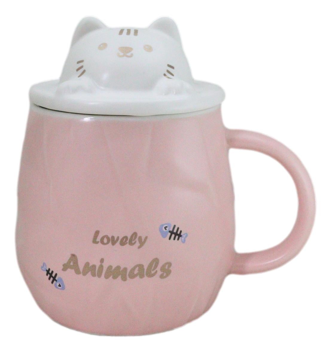 Whimsical Pastel Pink Feline Kitty Cat Cup Mug With Lid And Stirring ...
