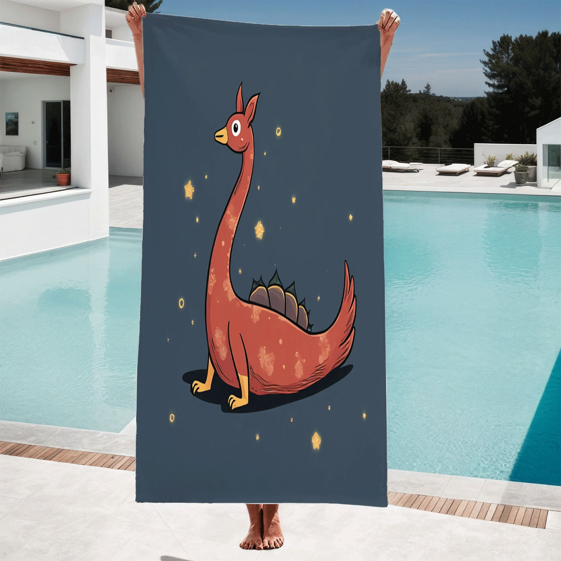 Whimsical Pattern Beach Towel - Cartoon-Style Long Neck Creature with ...