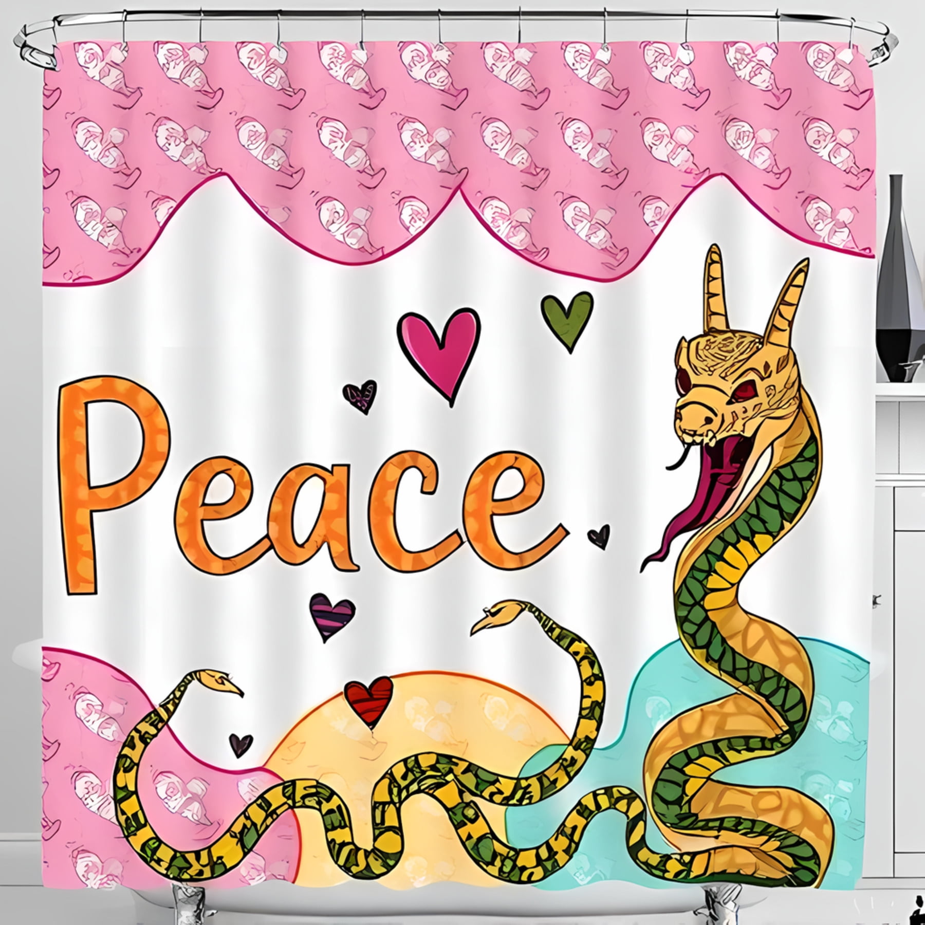 Whimsical Peace Shower Curtain with Colorful Hearts & Playful Snakes ...