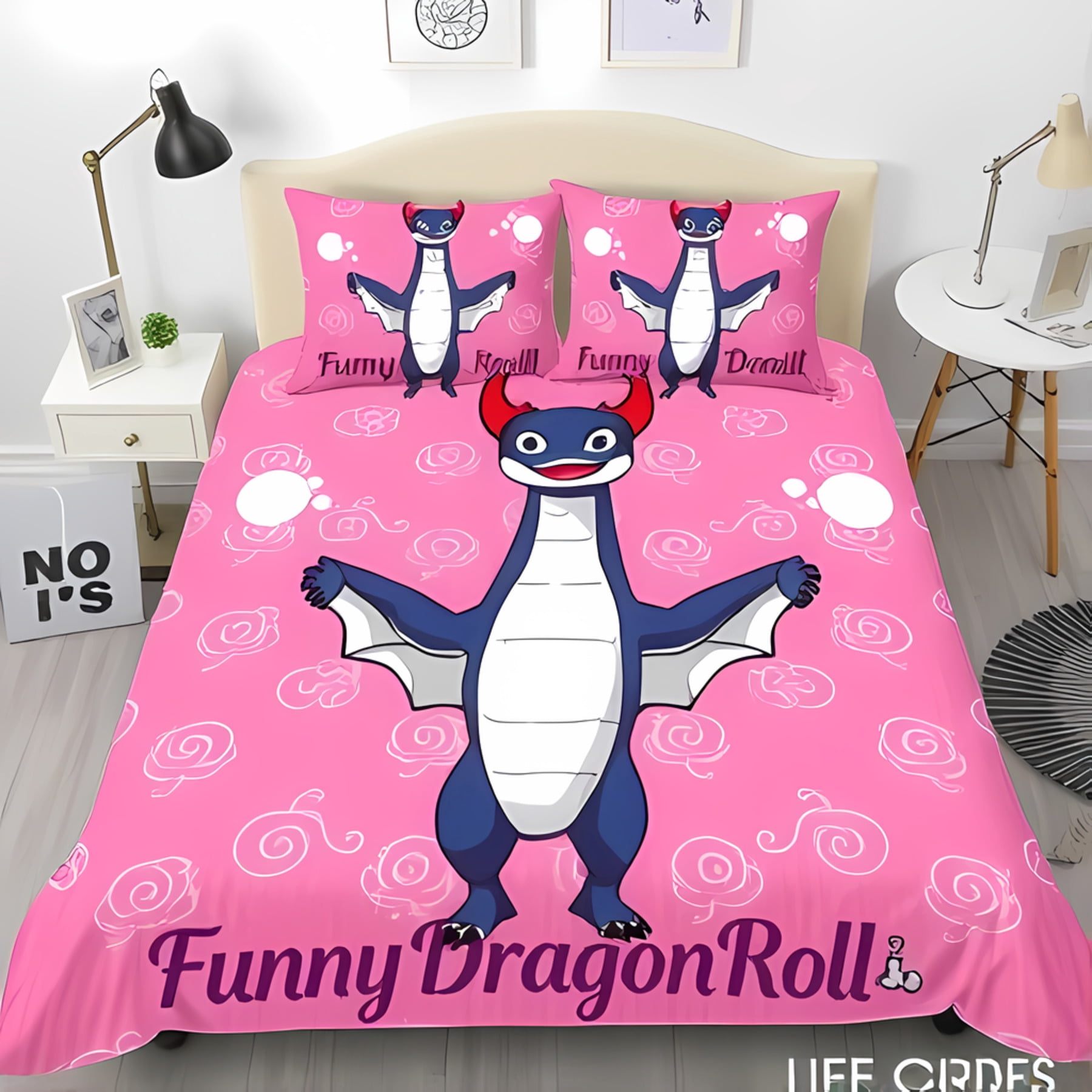 Whimsical Pink 3-Piece Duvet Cover Set with Playful Cartoon & Rose ...