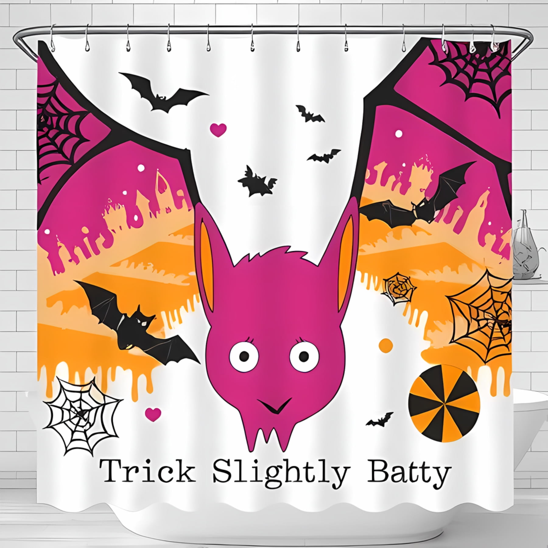 Whimsical Pink Bat Shower Curtain with Dripping Orange and Pink Bats ...