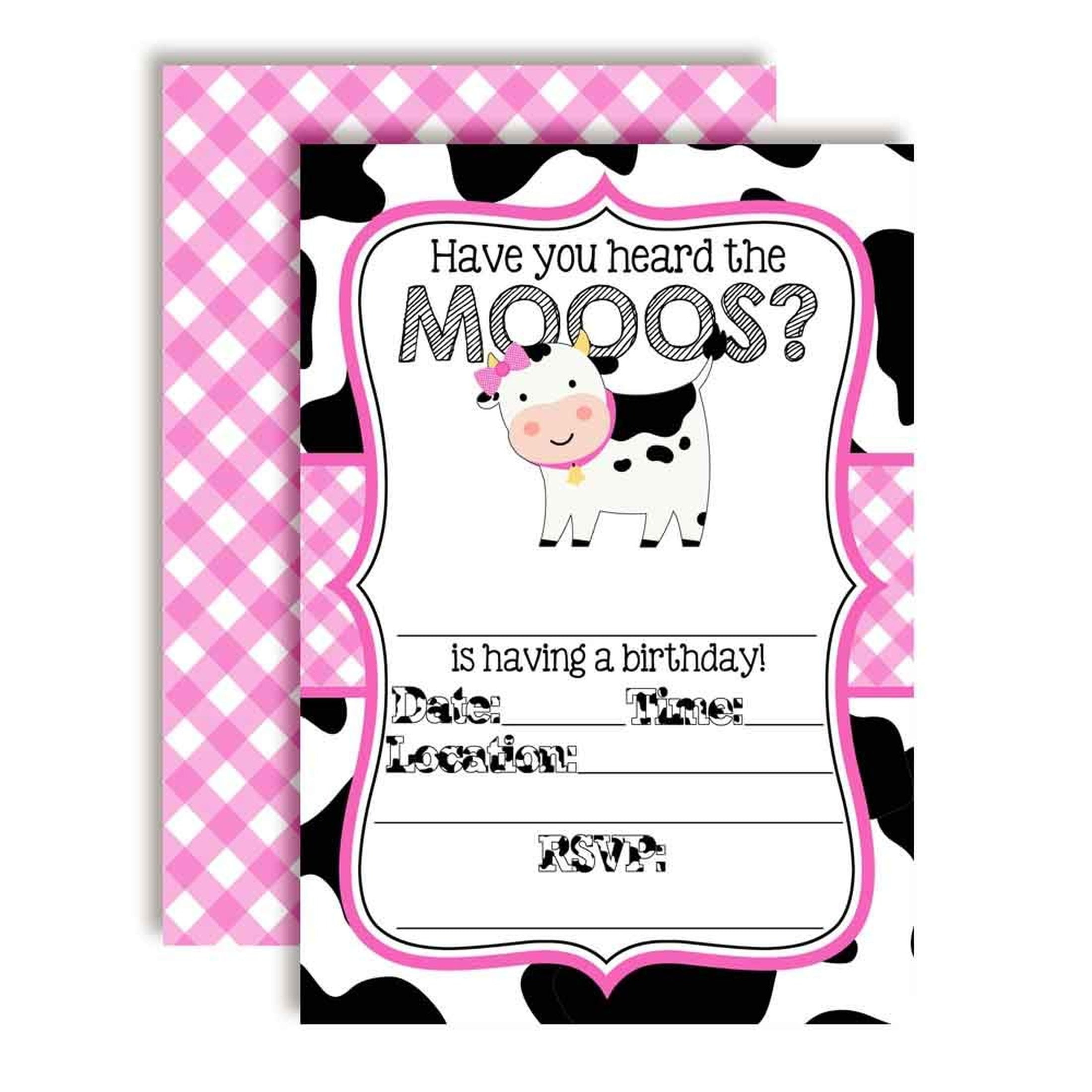 Whimsical Pink Cow Birthday Invitations for Kids - 20 Fill-In Cards ...