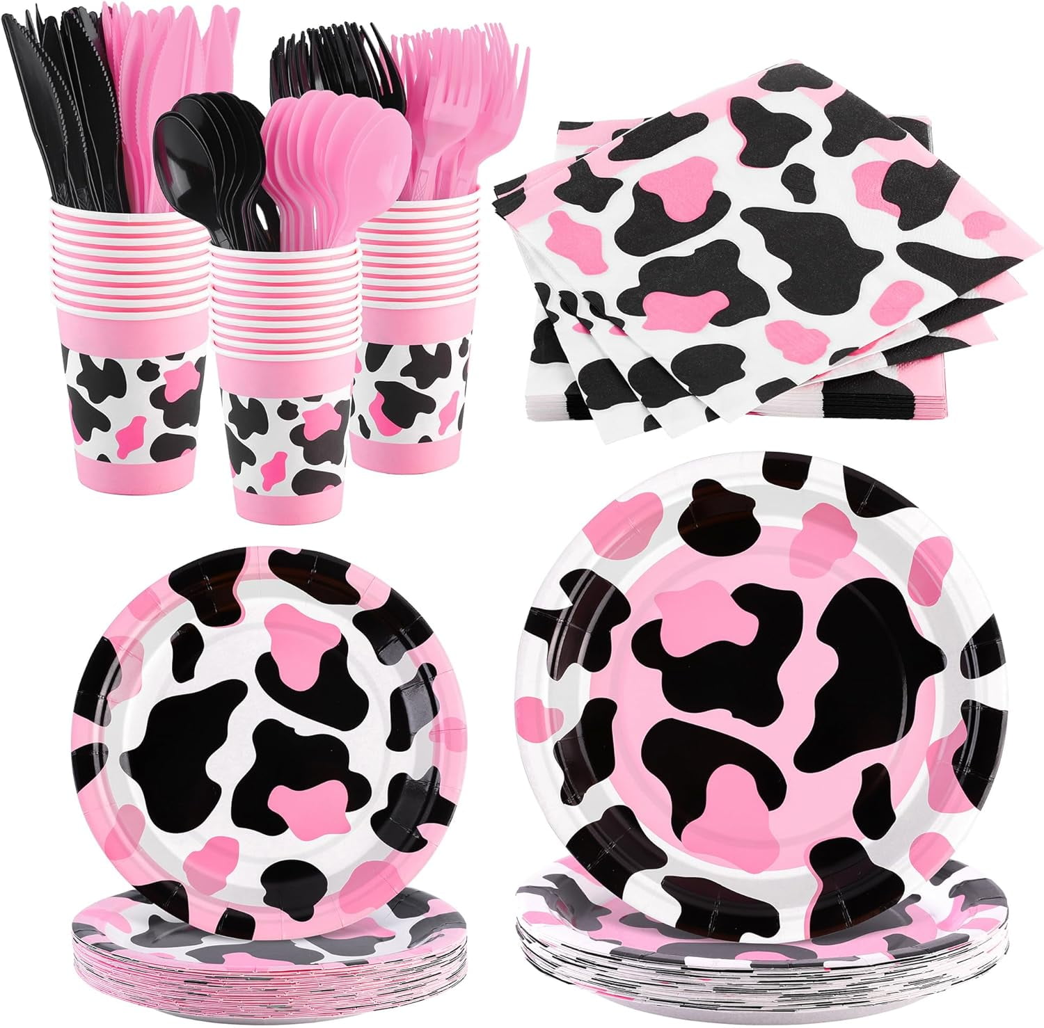 Whimsical Pink Cow Print Tableware Set - 210 Pieces for 30 Guests ...