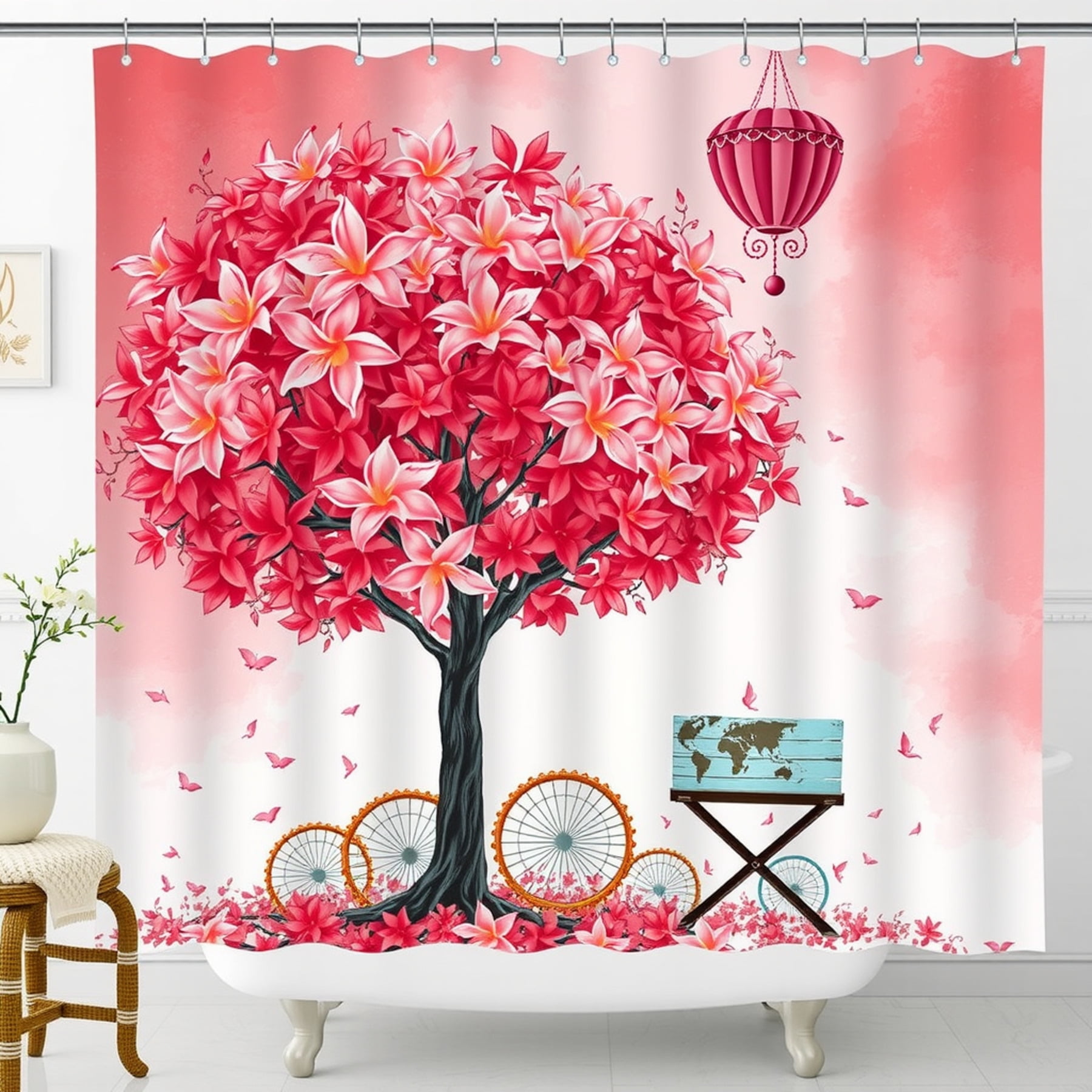 Whimsical Pink Flower Tree Shower Curtain with Butterflies - Walmart.com