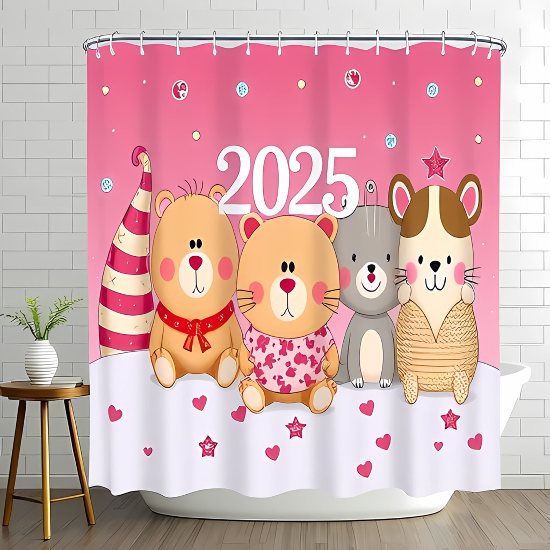 Whimsical Pink Shower Curtain with 2025 New Year Illustration & Cute ...