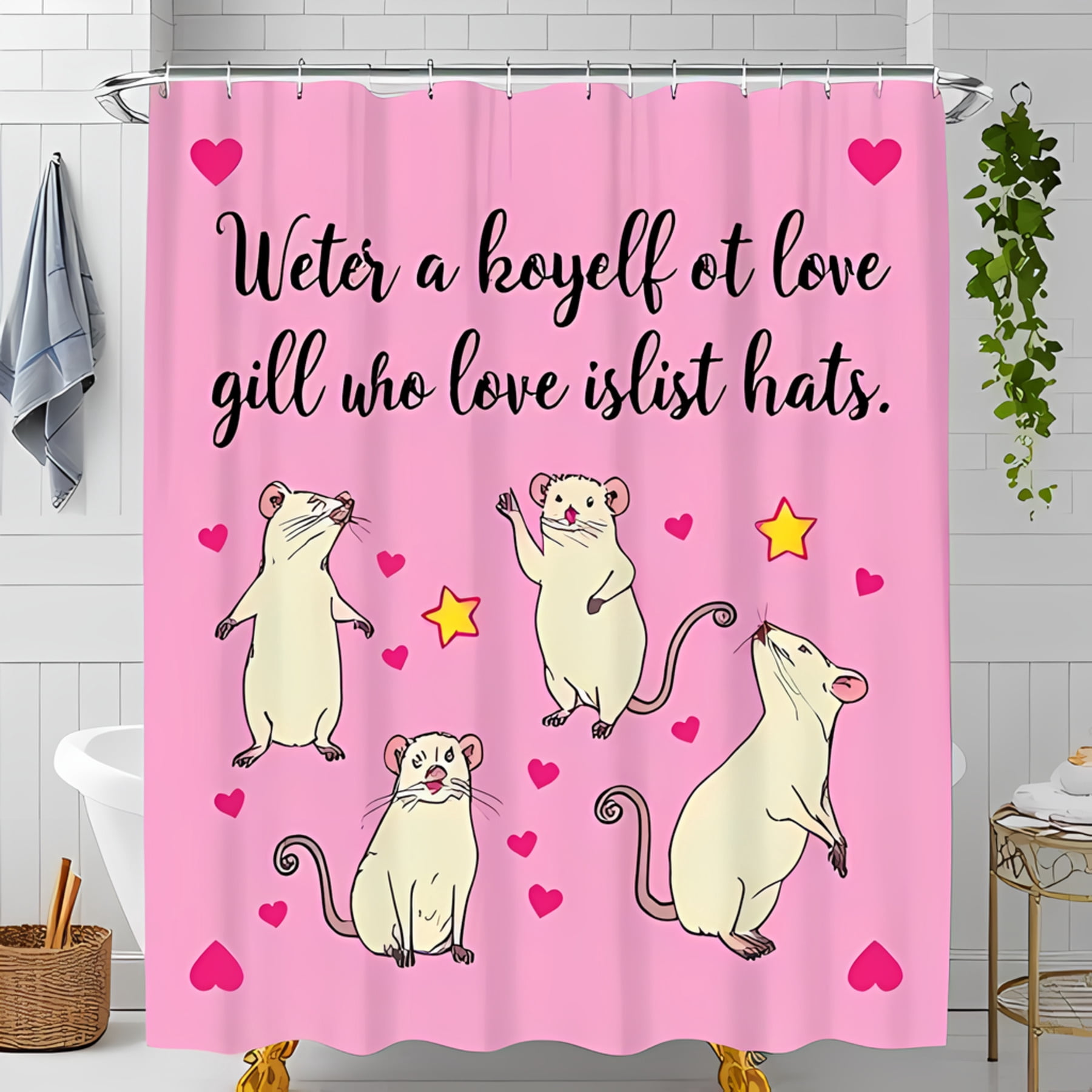 Whimsical Pink Shower Curtain with Cartoon Rats Hearts Stars & Phrase ...
