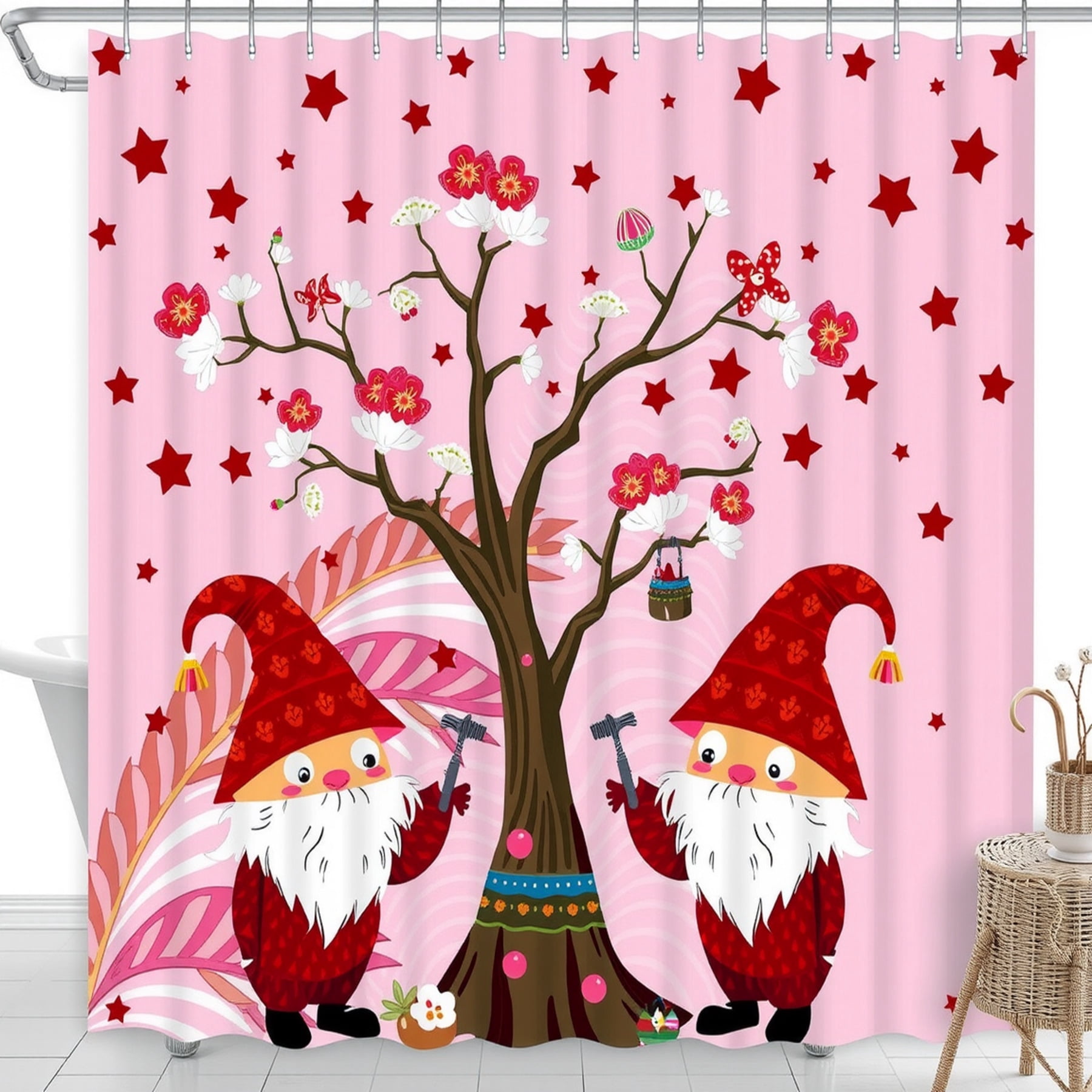 Whimsical Pink Shower Curtain with Cherry Blossom Tree & Adorable ...