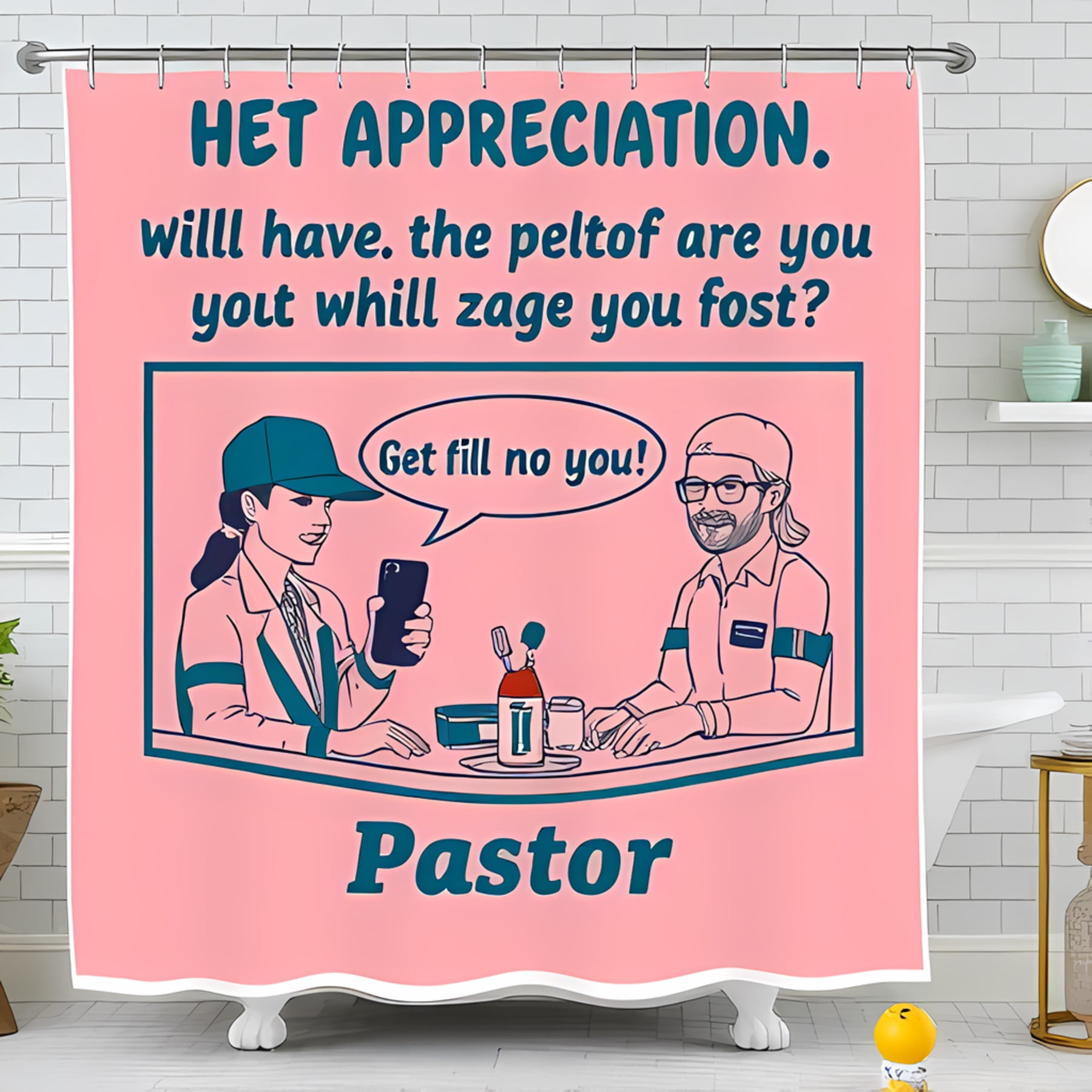 Whimsical Pink Shower Curtain with Retro Diner Scene Characters in ...