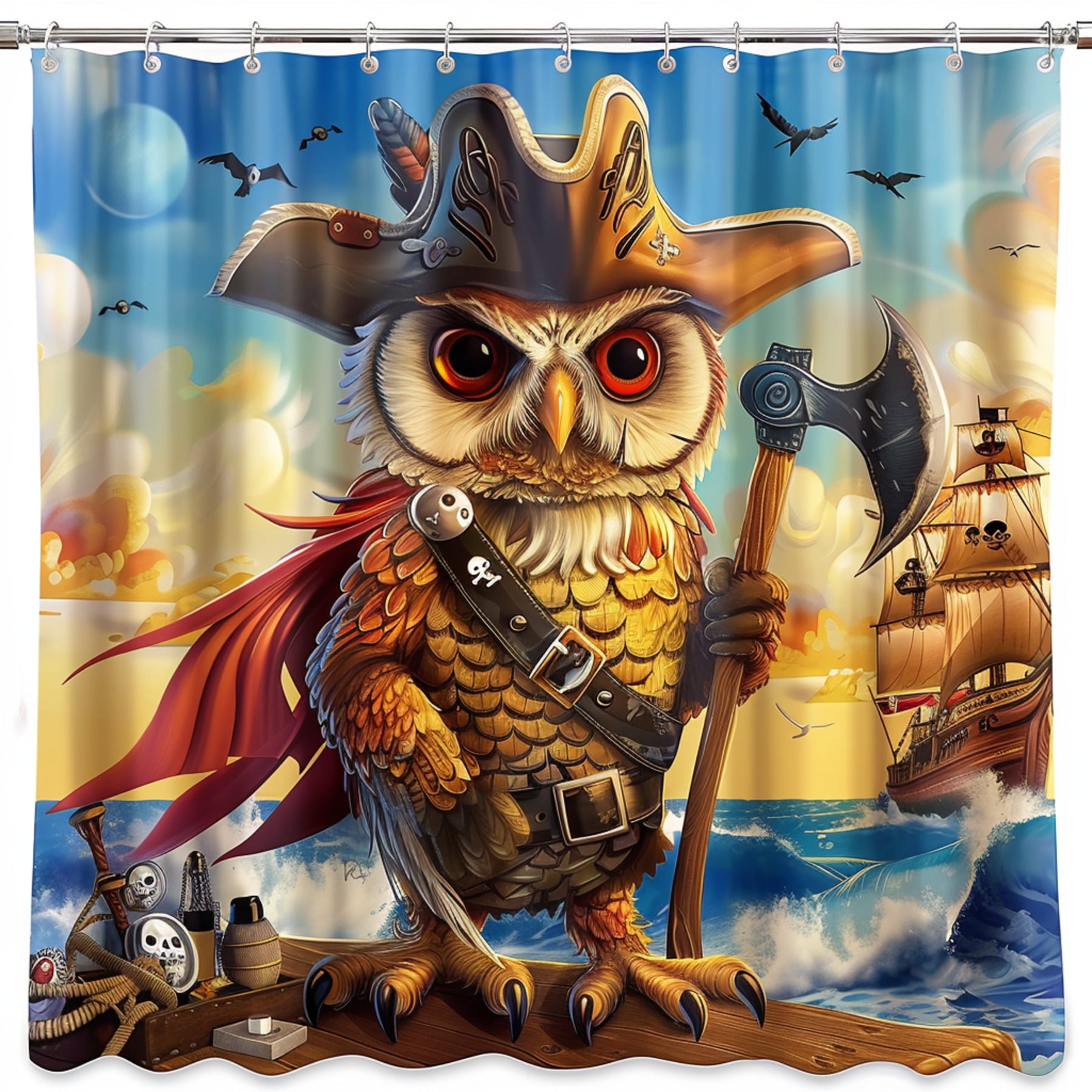 Whimsical Pirate Owl Shower Curtain: Cartoonstyle design featuring a ...