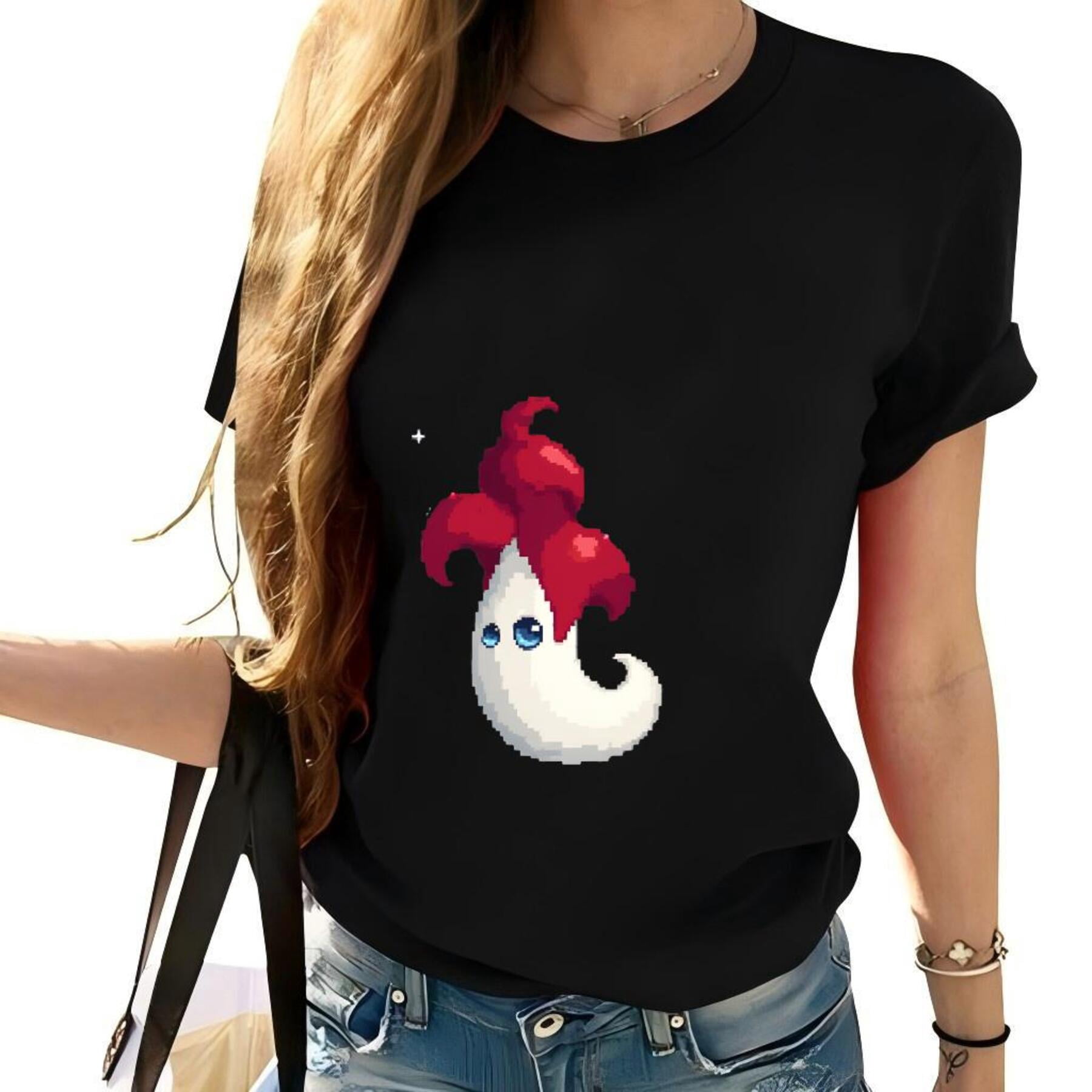 Whimsical Pixel Art Character Cotton Short Sleeve T-Shirt for Women ...