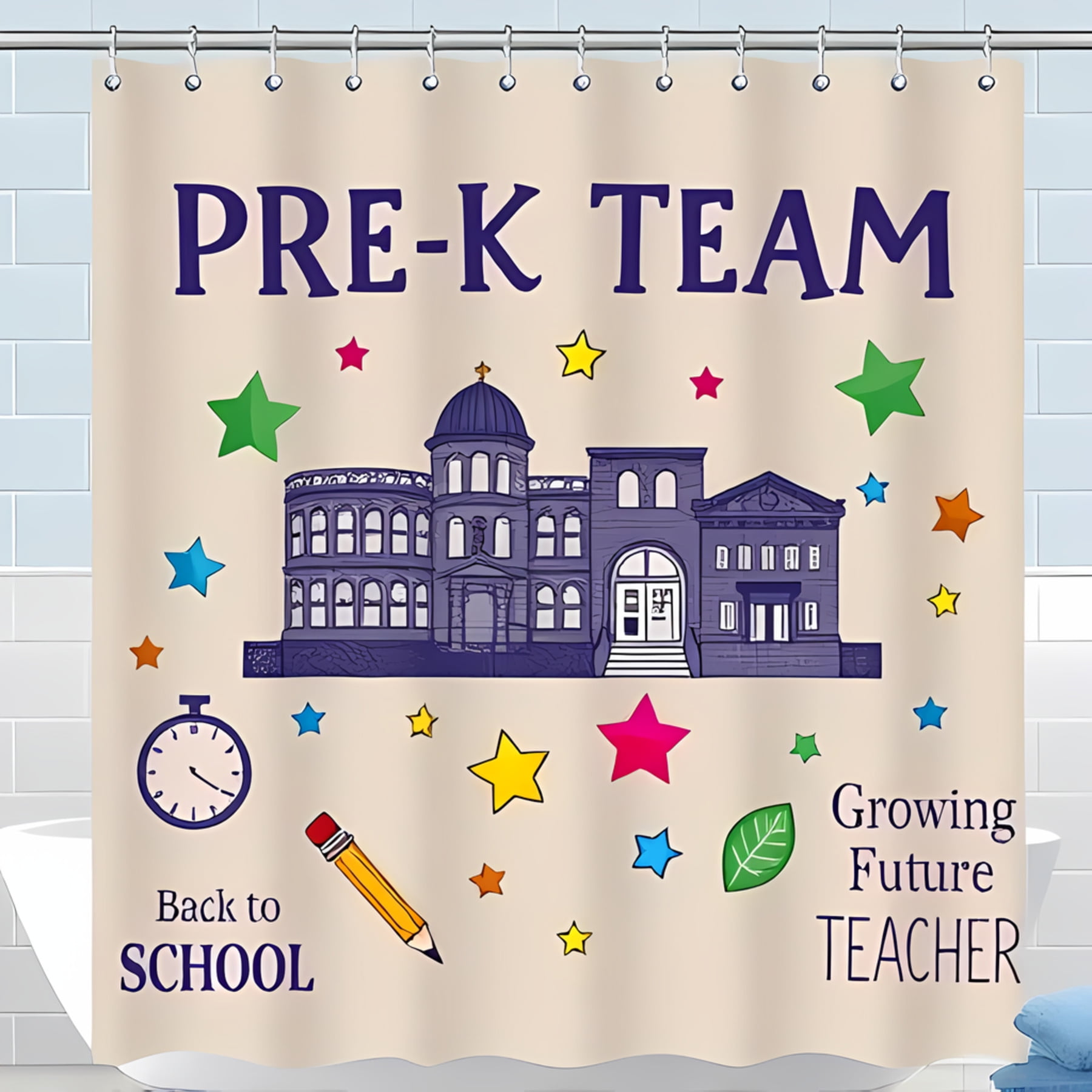 Whimsical Pre-K Shower Curtain with Colorful School Building Stars ...