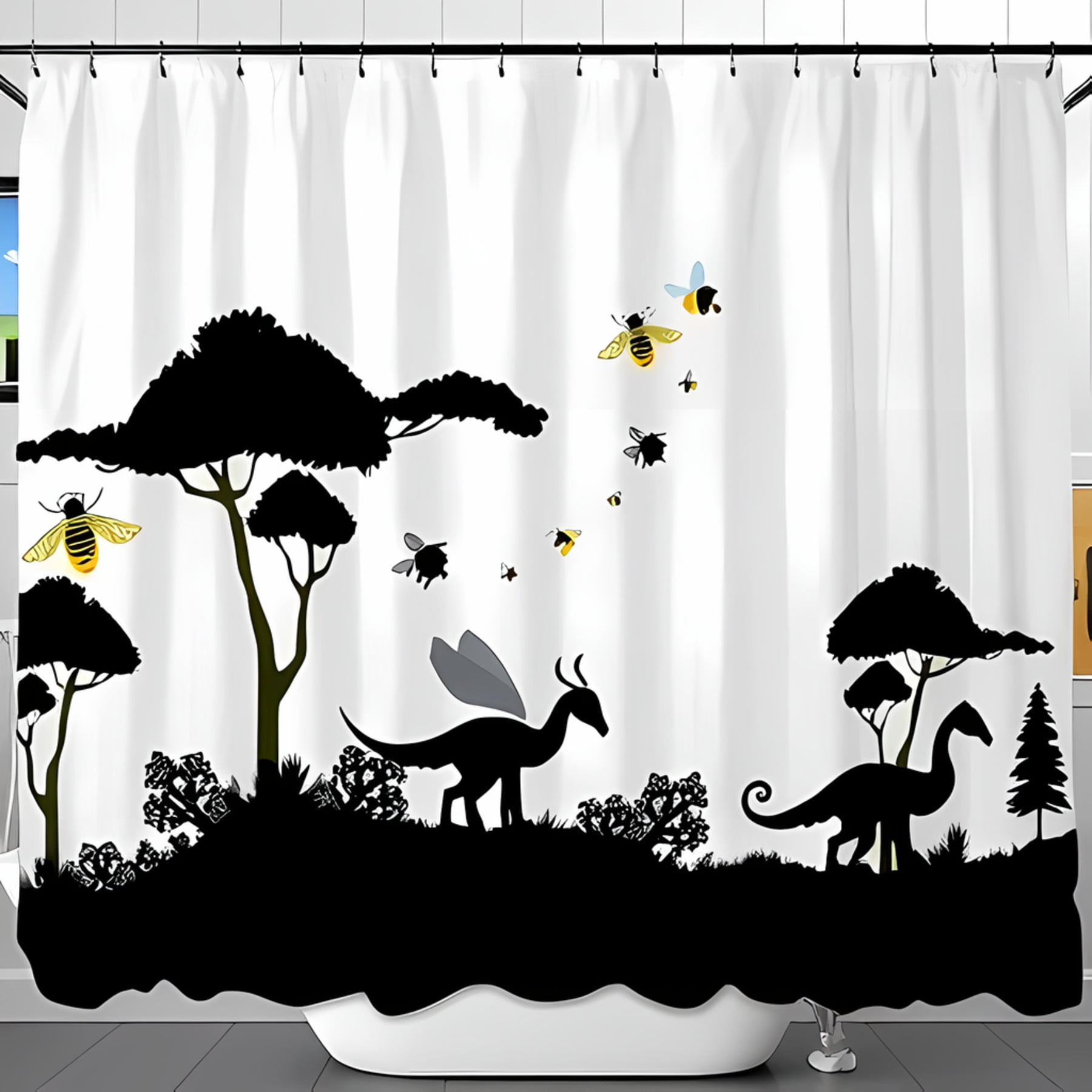 Whimsical Prehistoric Creatures Shower Curtain - Black Dinosaurs ...