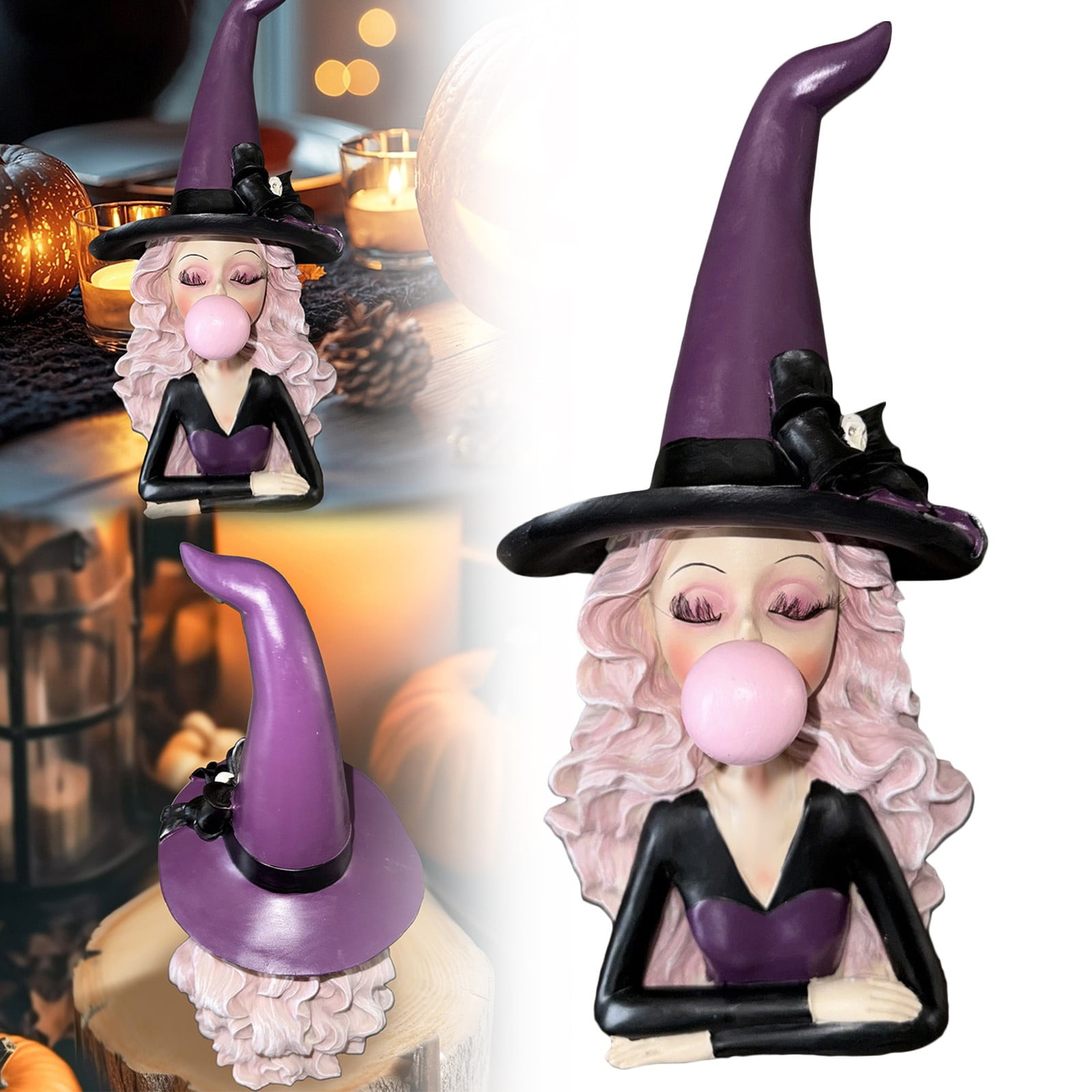 Whimsical Pretty Witch Blowing Bubble Gum Statue Halloween Decorations 2025 Resin Figurine ...