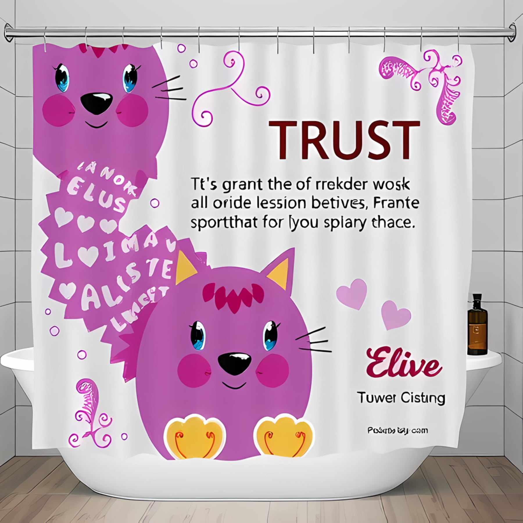 Whimsical Purple Cat Shower Curtain with Playful Swirls and Hearts ...