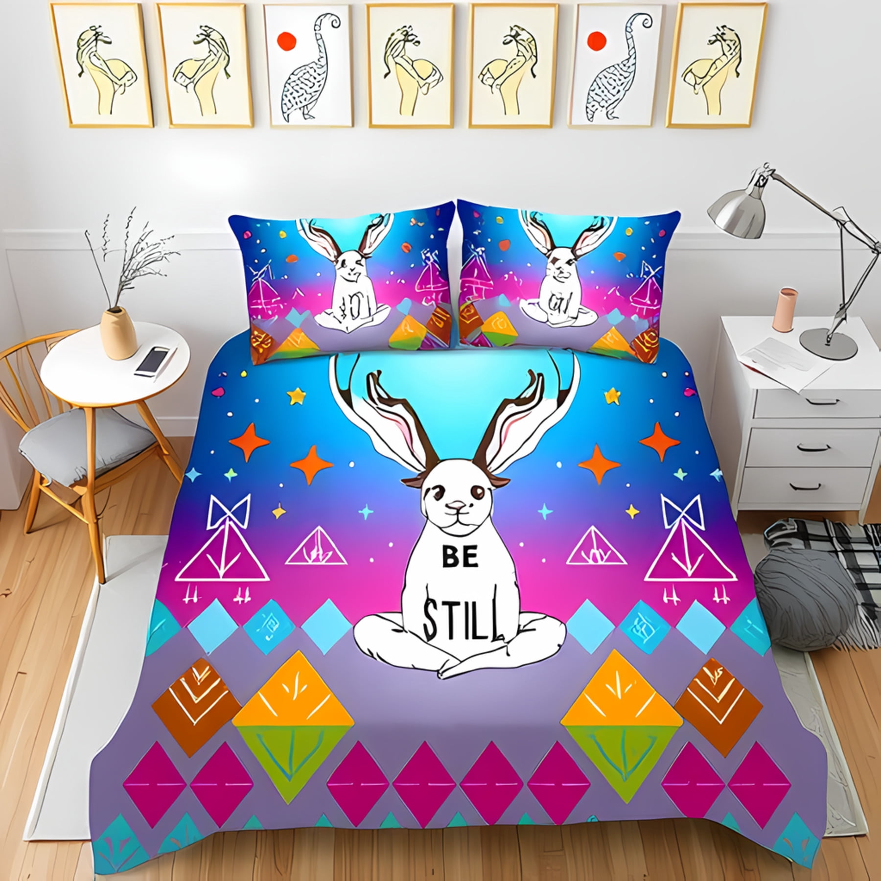 Whimsical Rabbit 3-Piece Duvet Cover Set - Colorful Bedding with Stars ...