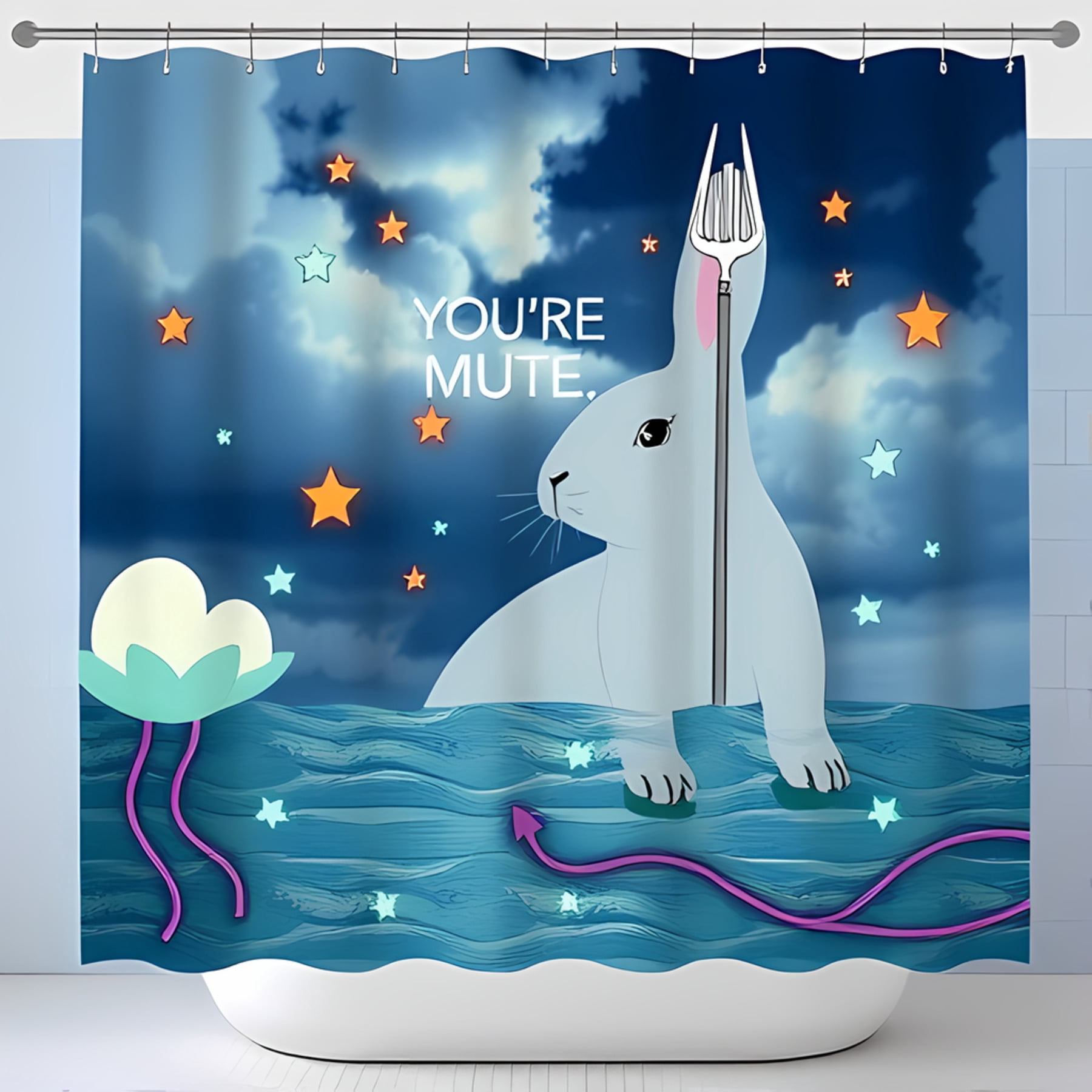 Whimsical Rabbit Shower Curtain - Magical Night Sky Design with Stars ...