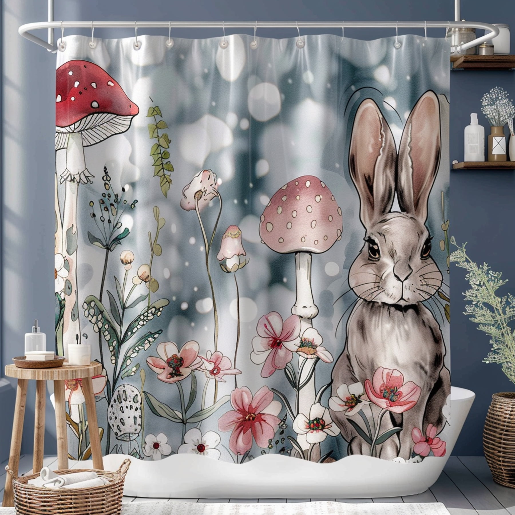 Whimsical Rabbit and Mushroom Watercolor Shower Curtain Cartoon Style ...