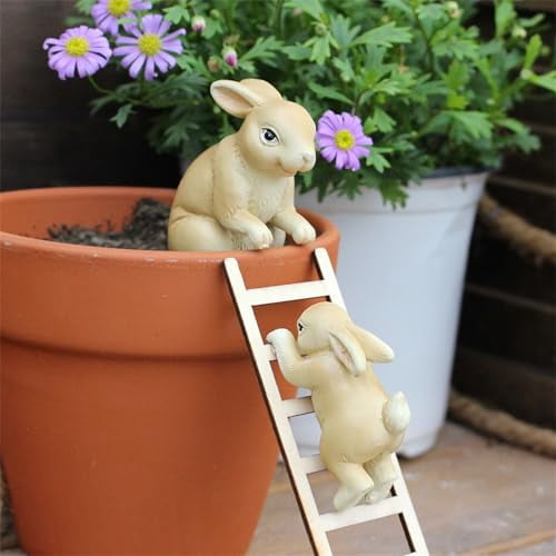 Whimsical Rabbits Figurine,Garden Bunny Climbing The Stairs Statues ...