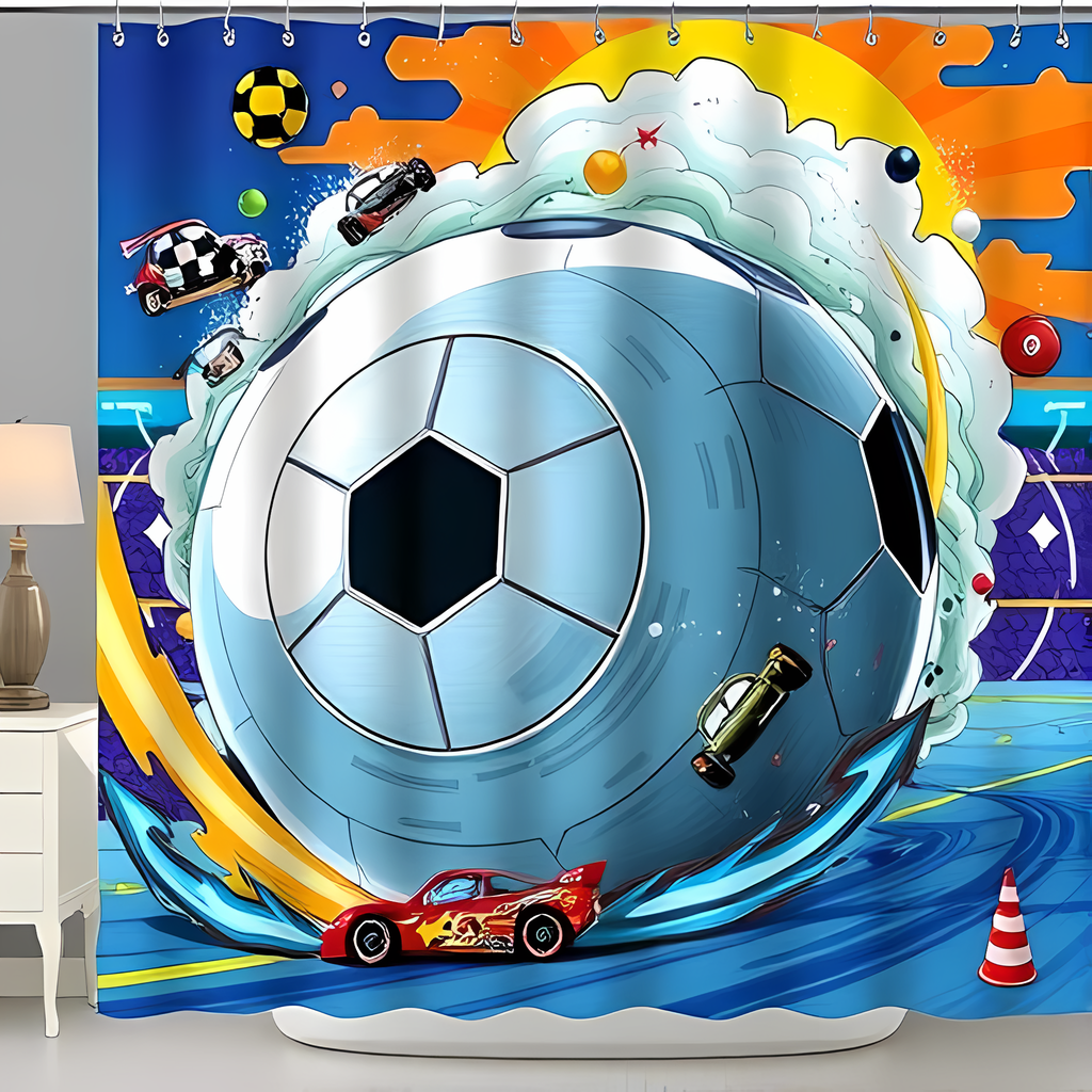 Whimsical Race Cars & Soccer Ball Shower Curtain - Colorful Fun Design ...