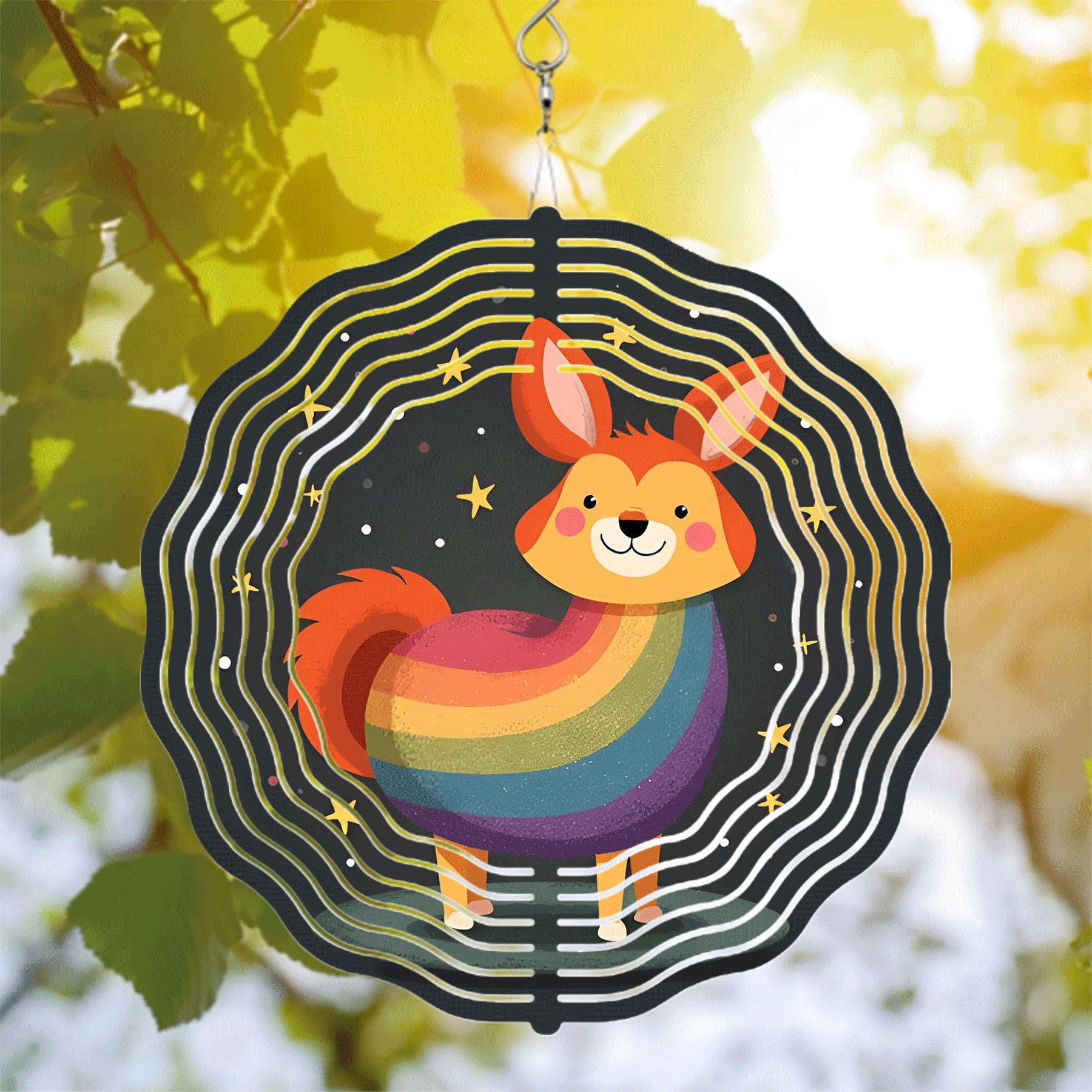 Whimsical Rainbow Rabbit Metal Wind Spinner - Spiral Sound Wave Design ...