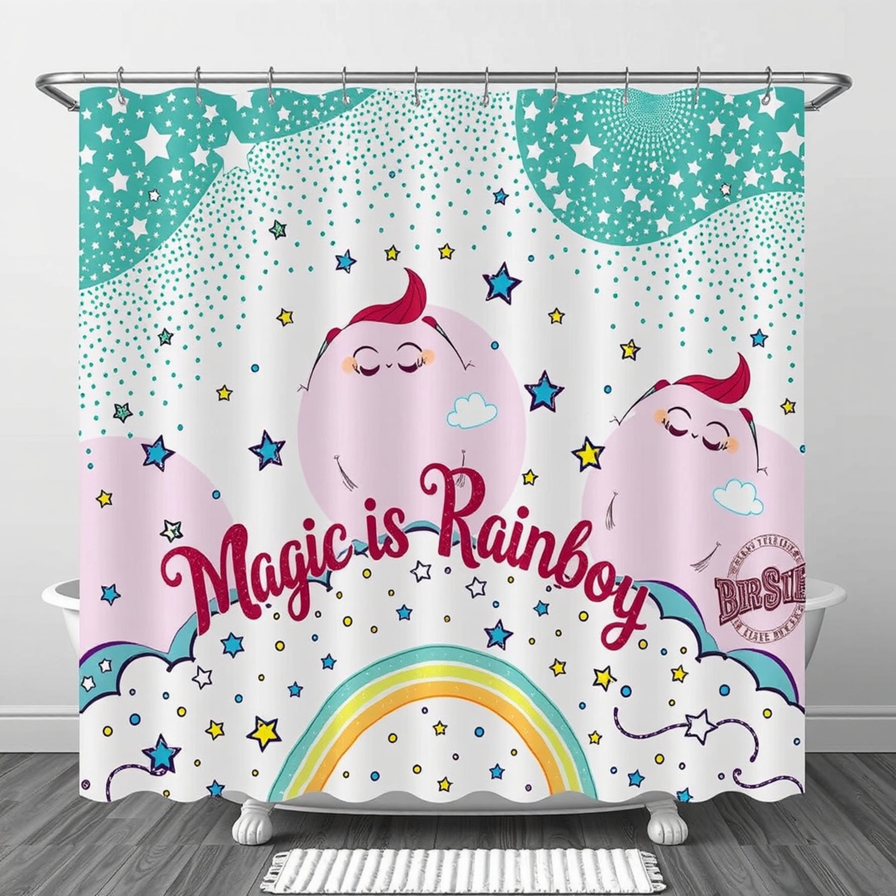 Whimsical Rainbow Shower Curtain with Sleepy Characters & Stars ...