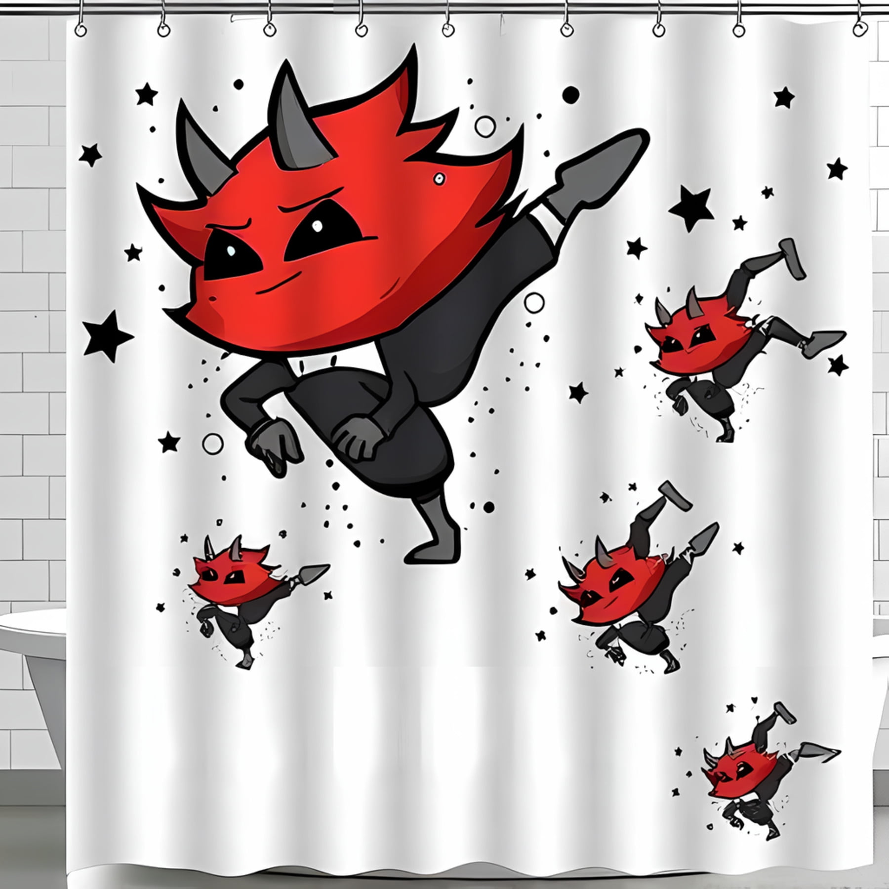 Whimsical Red Cartoon Shower Curtain with Leg Kicks & Starry Background ...
