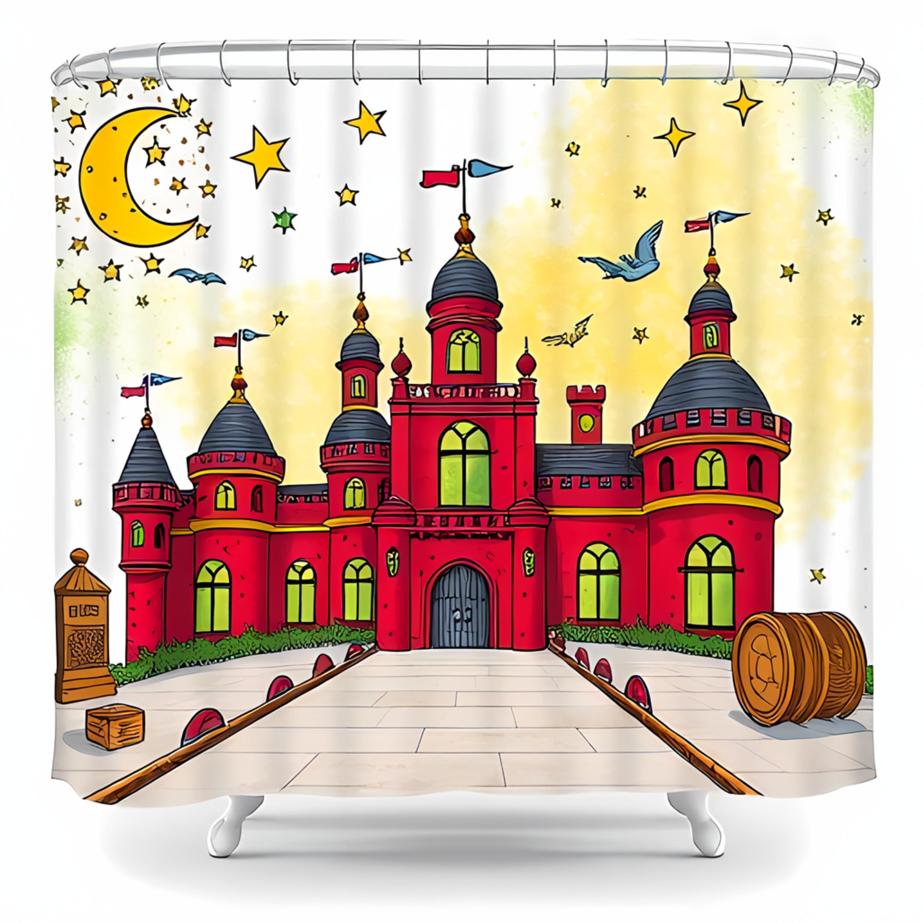 Whimsical Red Castle Shower Curtain Vibrant Night Sky with Stars & Bats ...